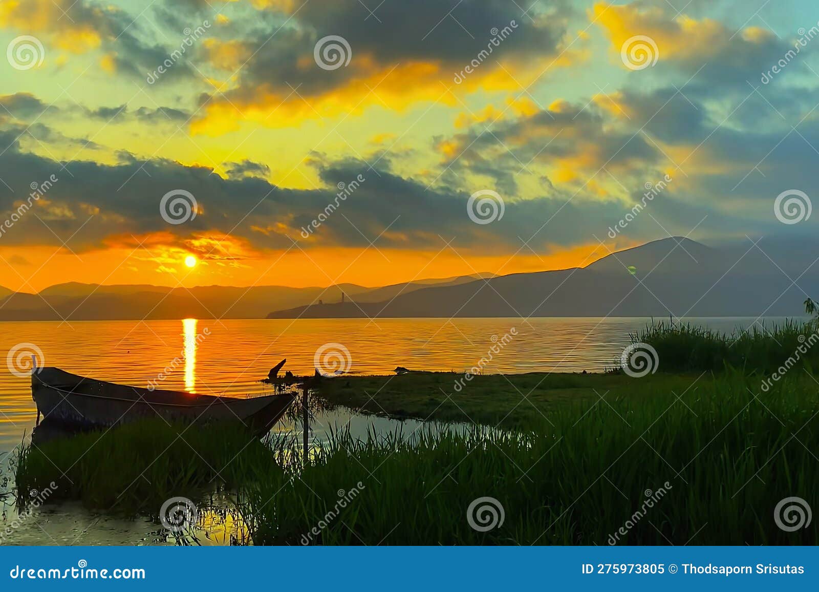 Striking Sunset Above the Lake with Bright Clouds and Sky Stock Image ...