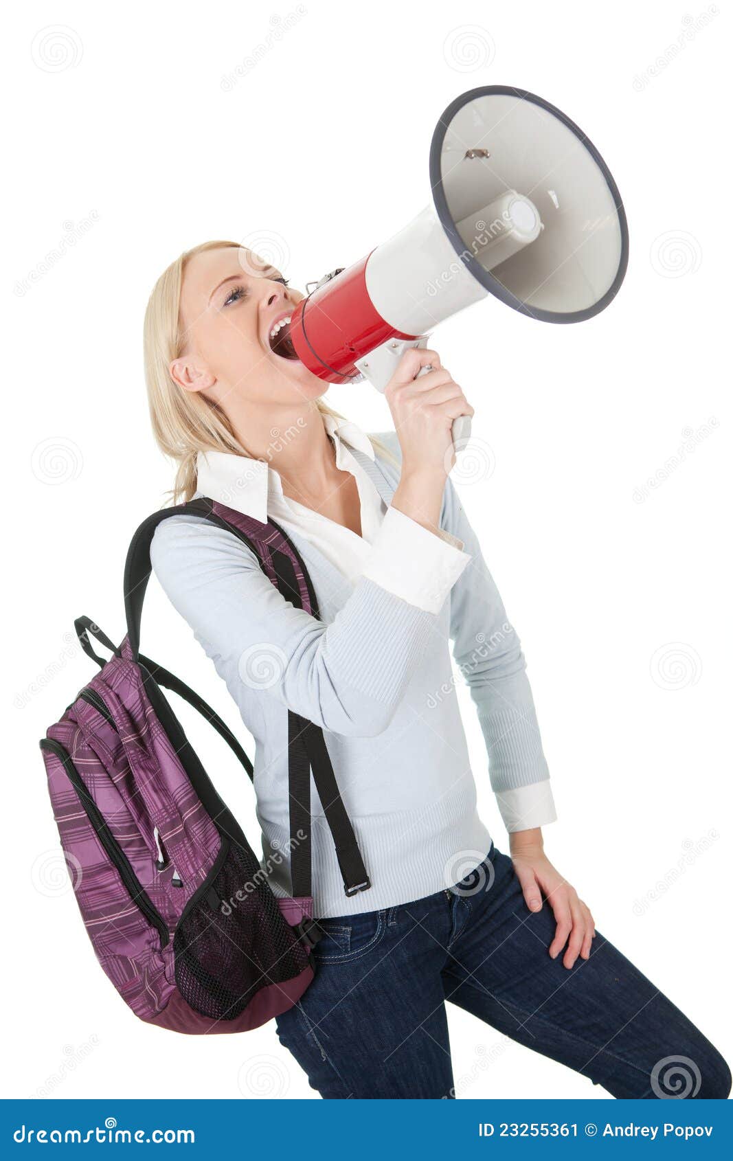 Girl Shouting, Singing With Speaker, Microphone On Studio Background ...