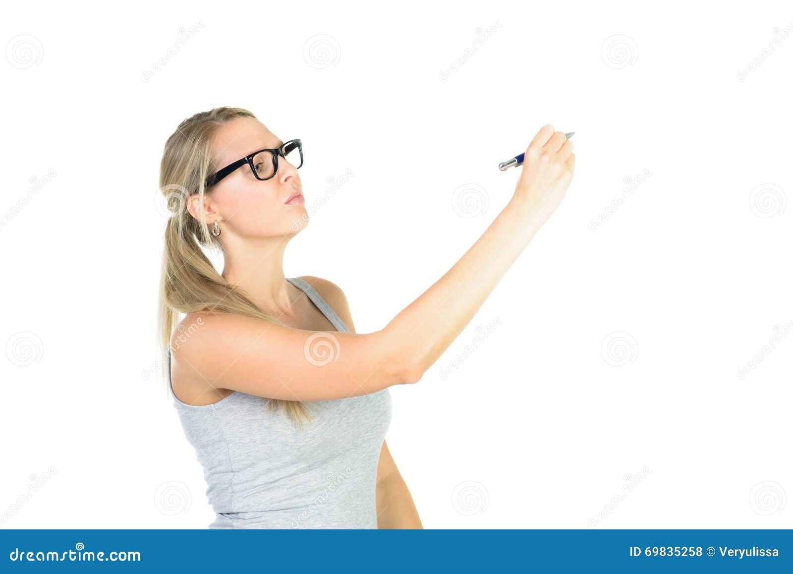 Beautiful Student in Glasses Writing at Wall Stock Photo - Image of ...