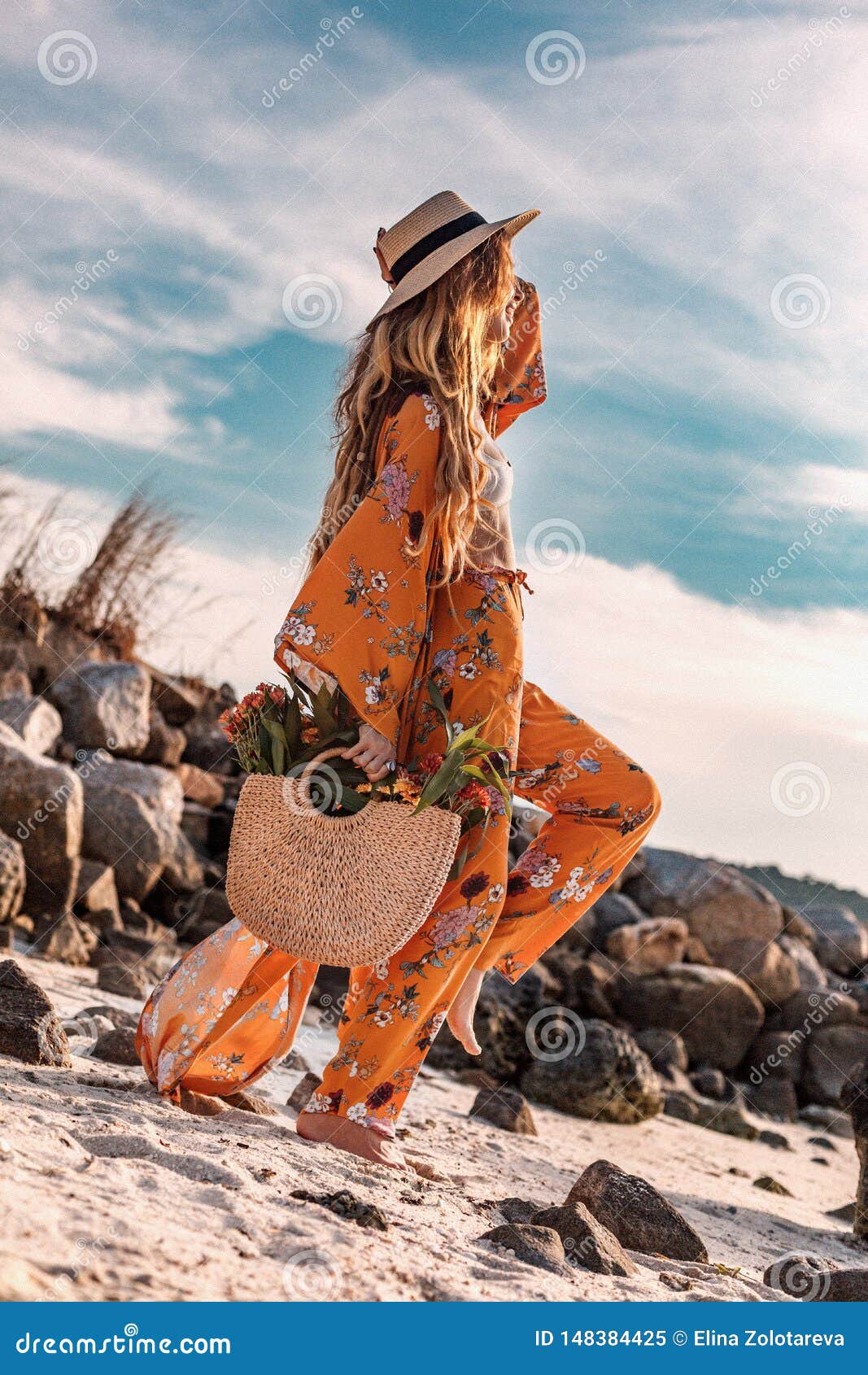 Beautiful Stylish Boho Model Having Fun Outdoors at Sunset Stock Image ...