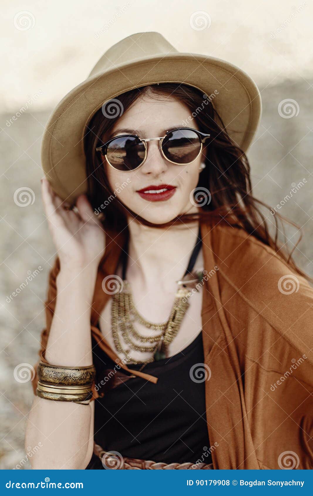 Beautiful Stylish Hipster Woman Portrait In Sunglasses Holding H Stock