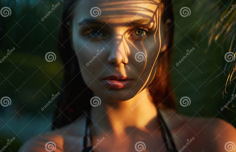 Young Woman In Bikini Under Palm Tree Stock Image Image Of Fashion