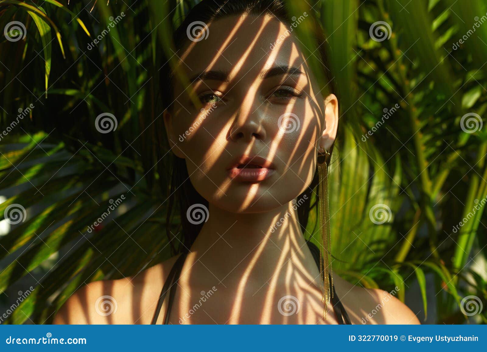 Beautiful Summer Girl Young Woman In Bikini Under Palm Tree Stock