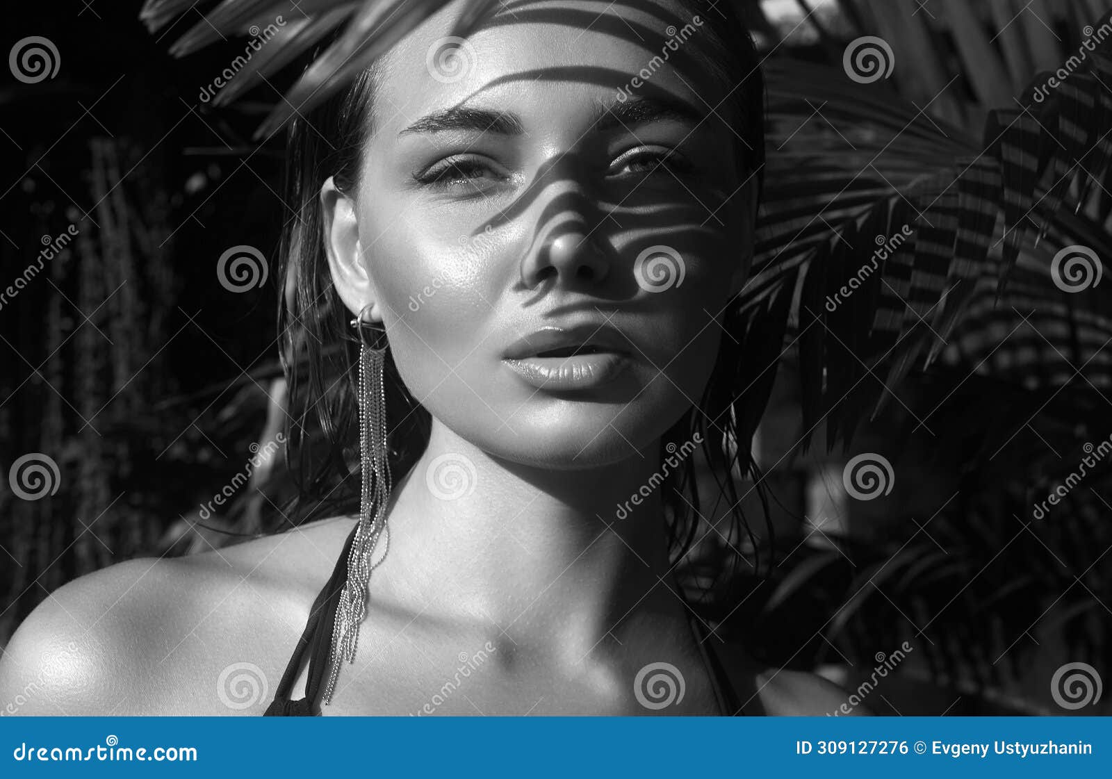 Beautiful Summer Girl Young Woman In Bikini Under Palm Tree Stock