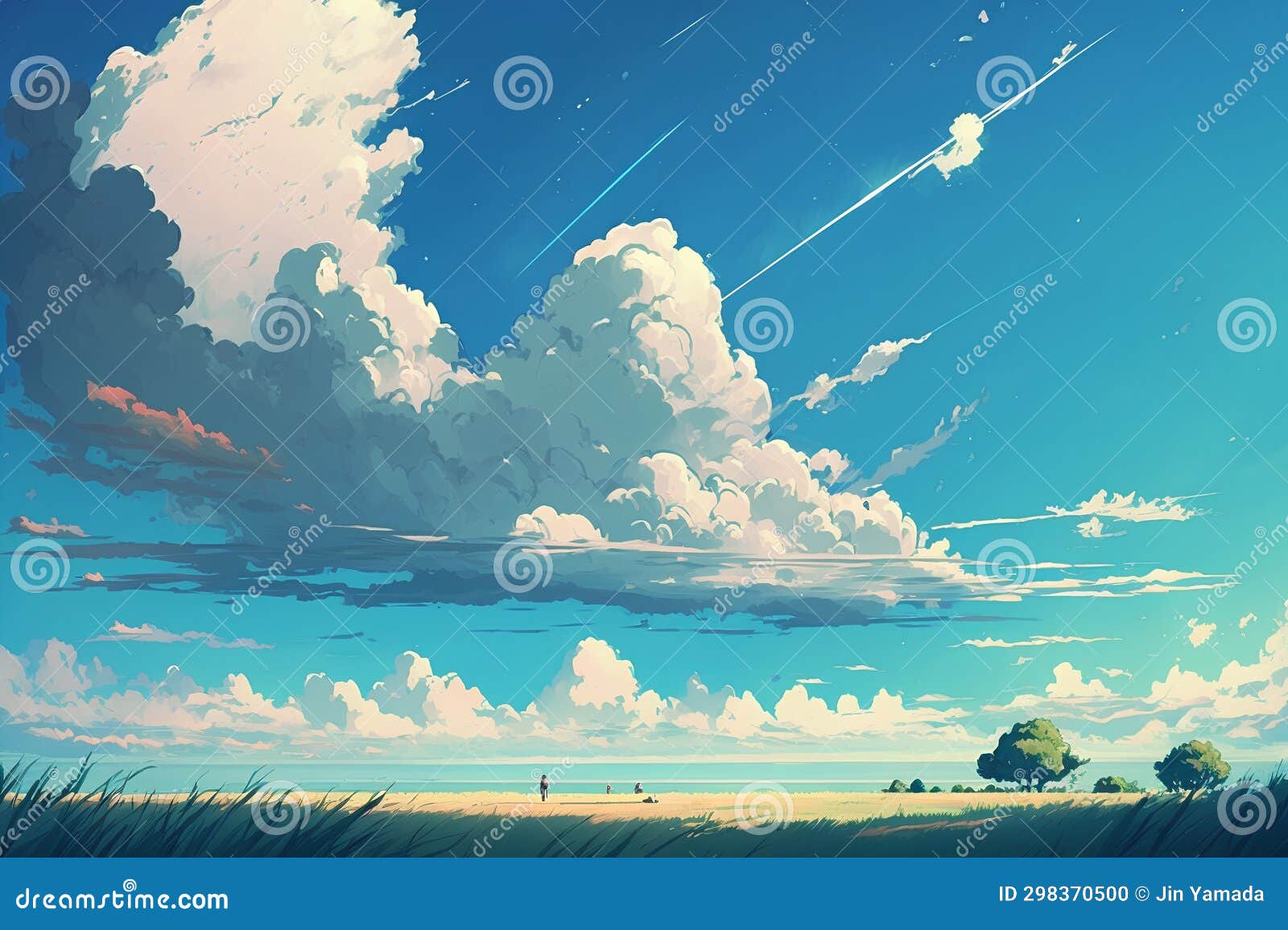 Beautiful Summer Landscape with Blue Sky and Clouds. Vector ...