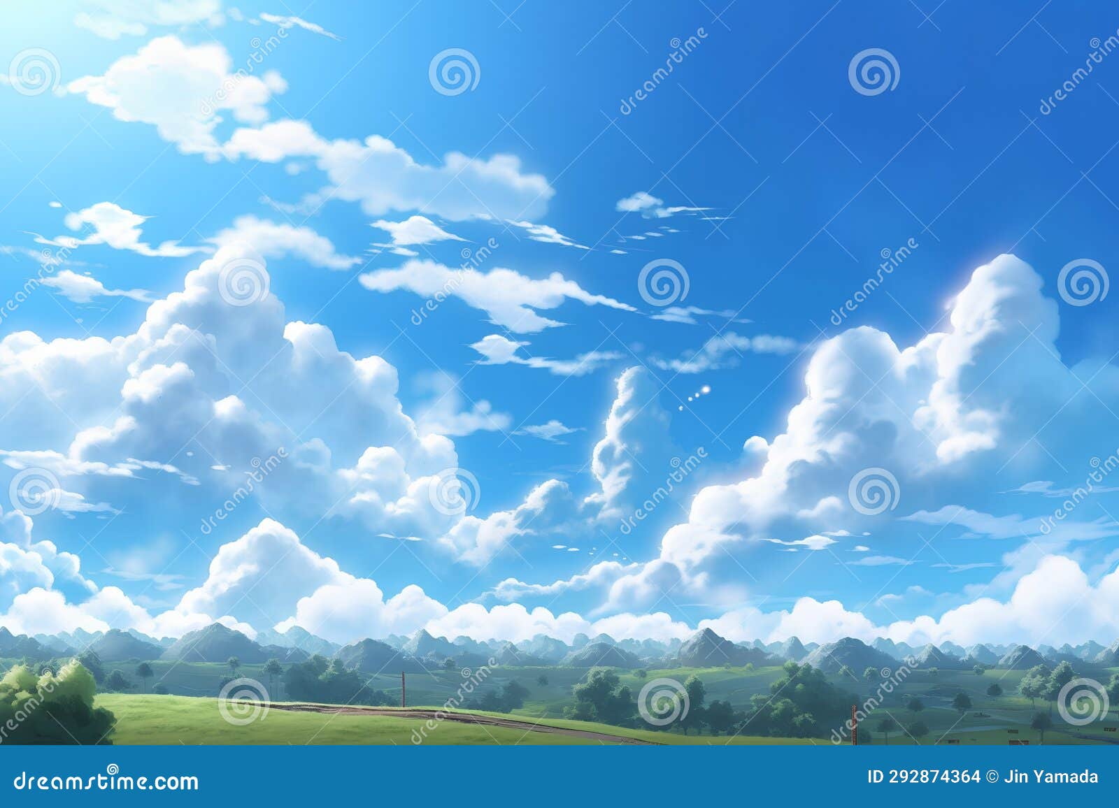 Beautiful Summer Landscape with Blue Sky and White Clouds. Vector ...