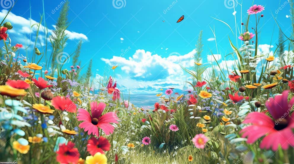 Beautiful Summer Meadow With Flowers And Butterflies 3d Render Stock