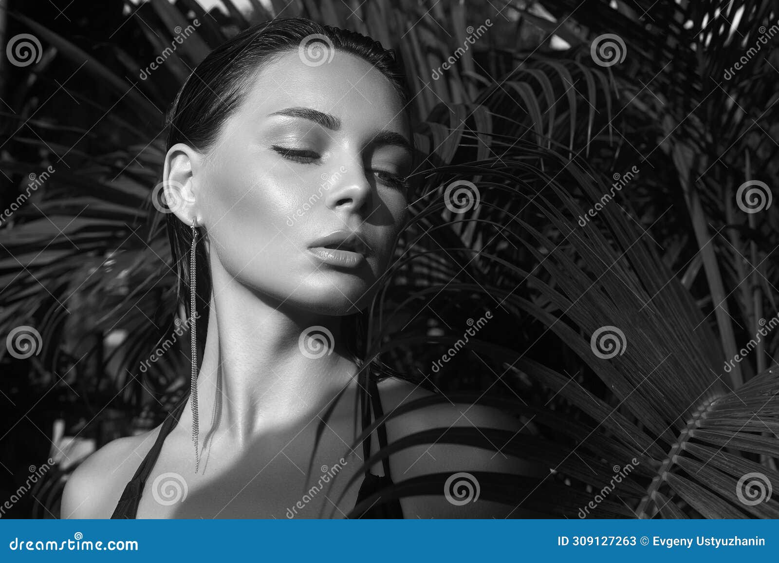 Beautiful Summer Young Woman In Bikini With Palm Tree Stock Image