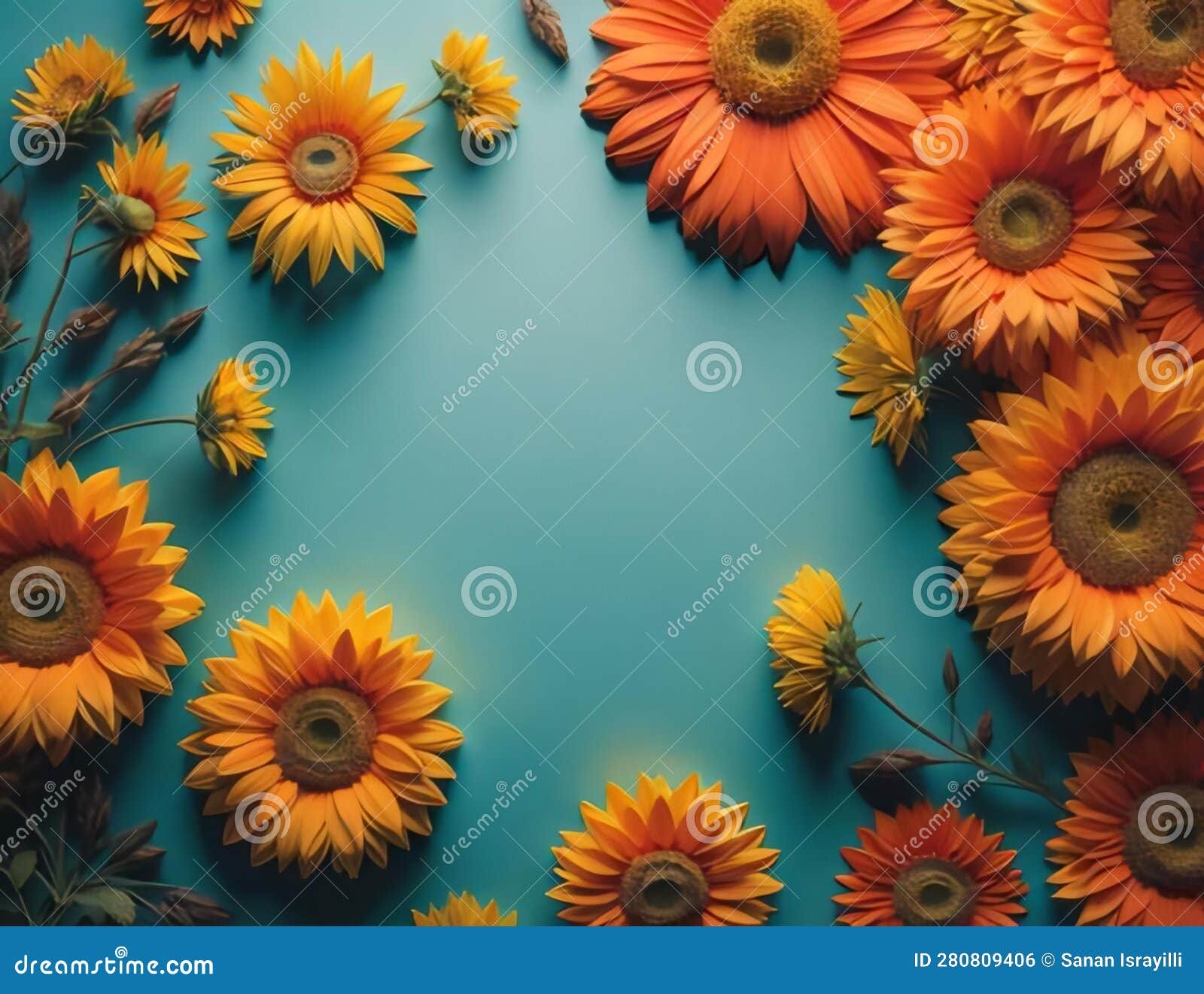 Beautiful Sunflowers on a Blue Background. Flat Lay, Top View Stock Illustration - Illustration ...
