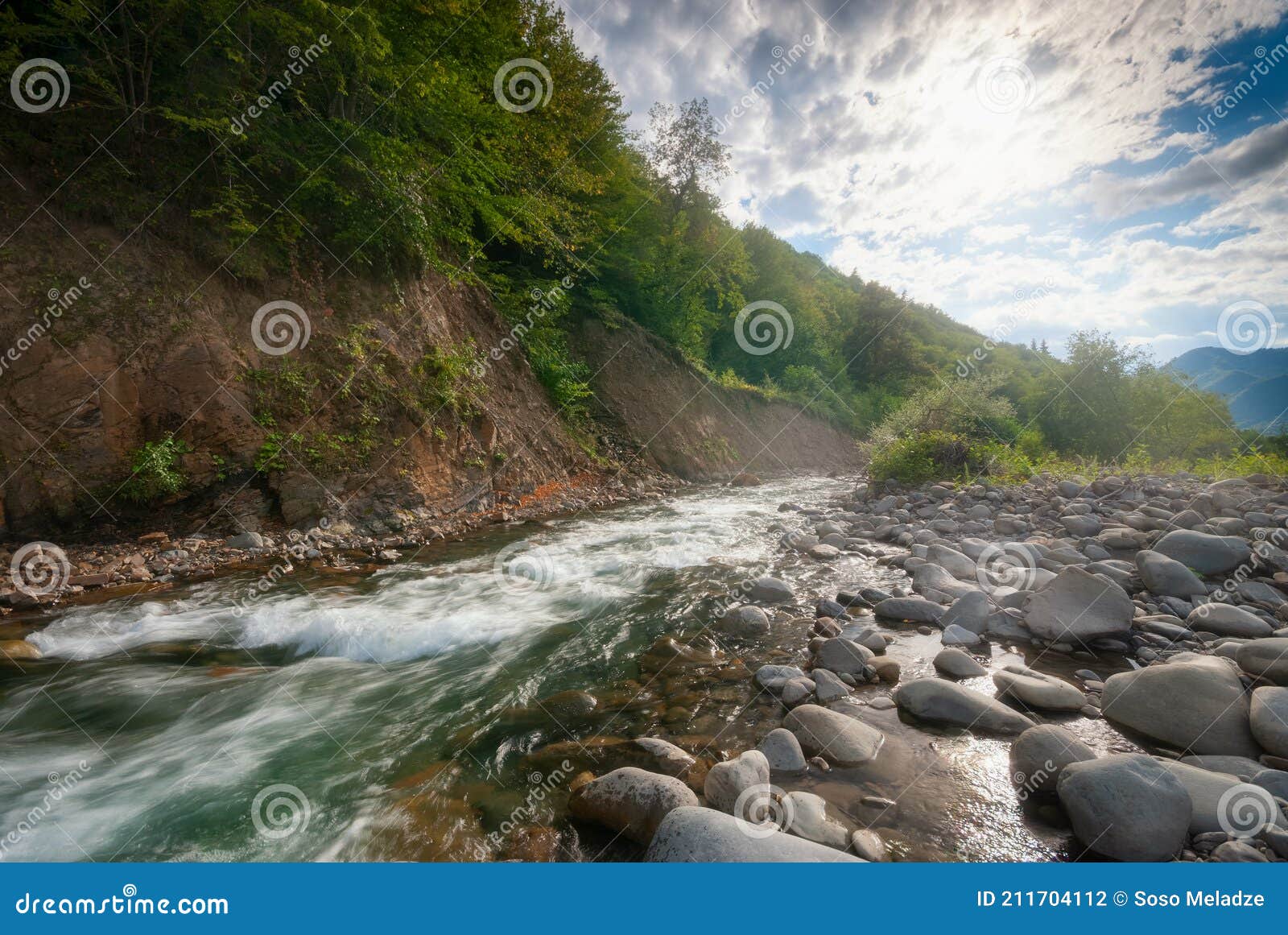 Beautiful Sunny Summer Landscape. Fast Flowing Mountain River Stock ...