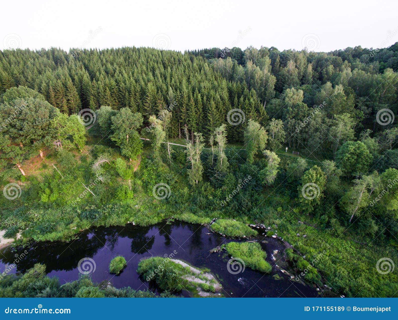 A Beautiful Sunny View of the Forest, Fields and River from Above with ...