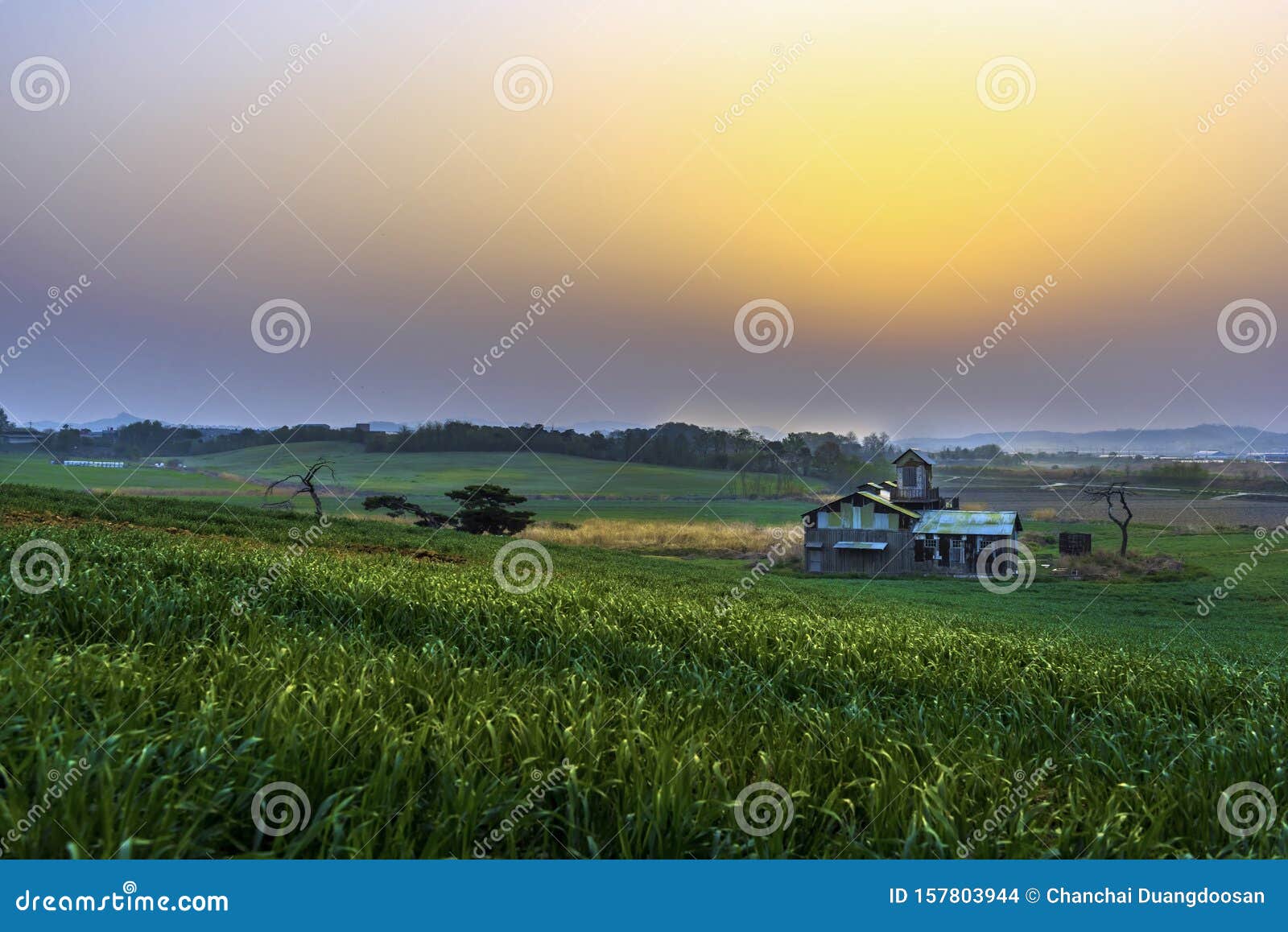 Beautiful Sunrise at Old Farm Stock Photo - Image of blue, empty: 157803944