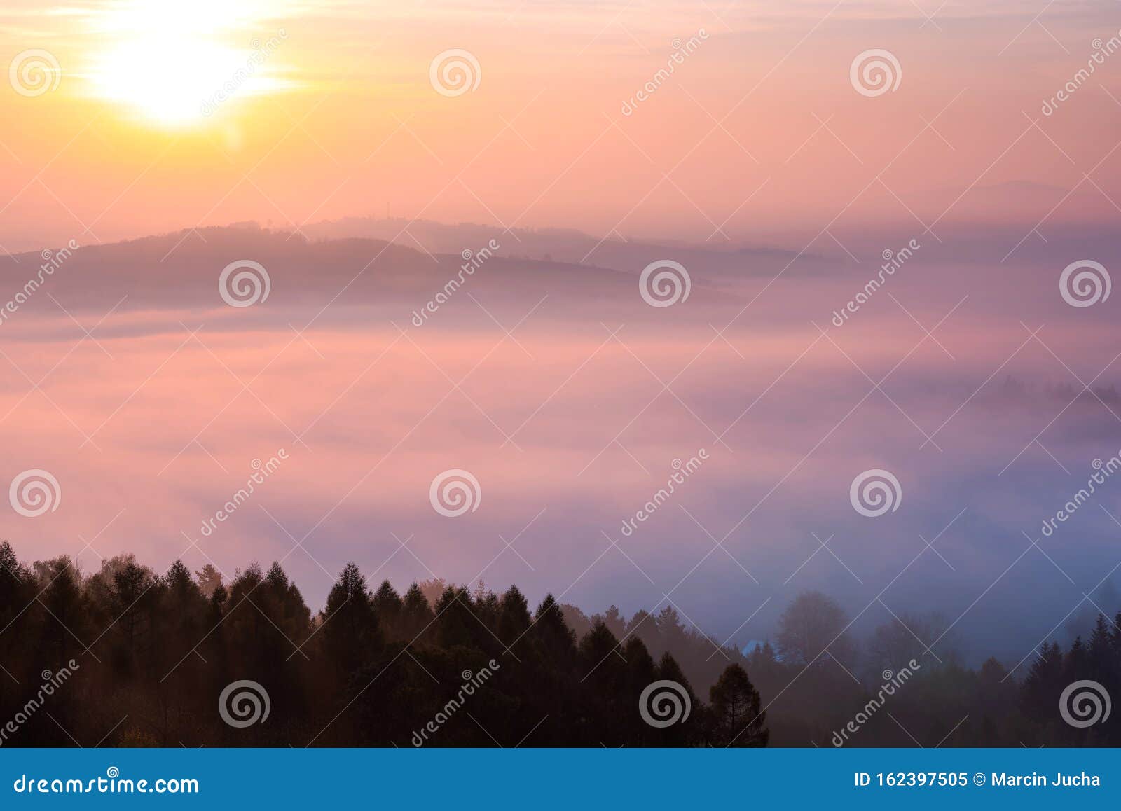 Beautiful Sunrise Over Foggy Rolling Hils and Forest at Fall Stock ...