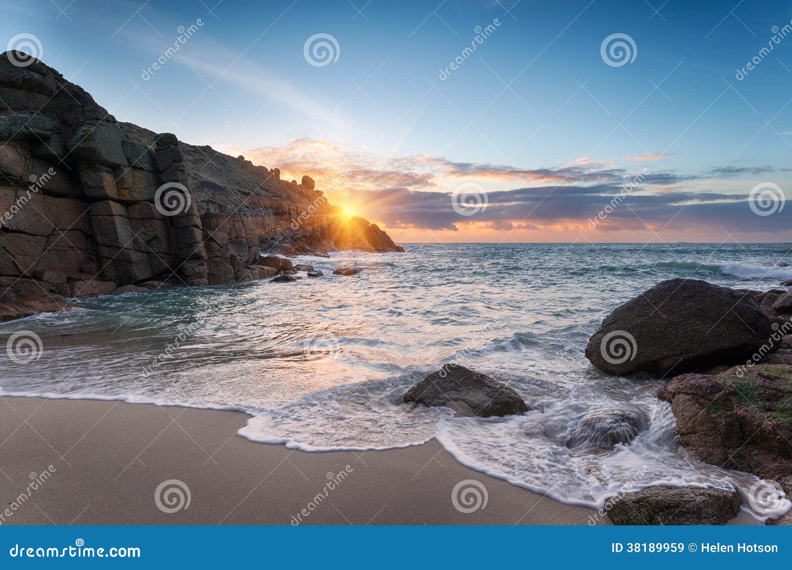 Beautiful Sunrise Over a Sandy Cove Stock Image - Image of rocky ...