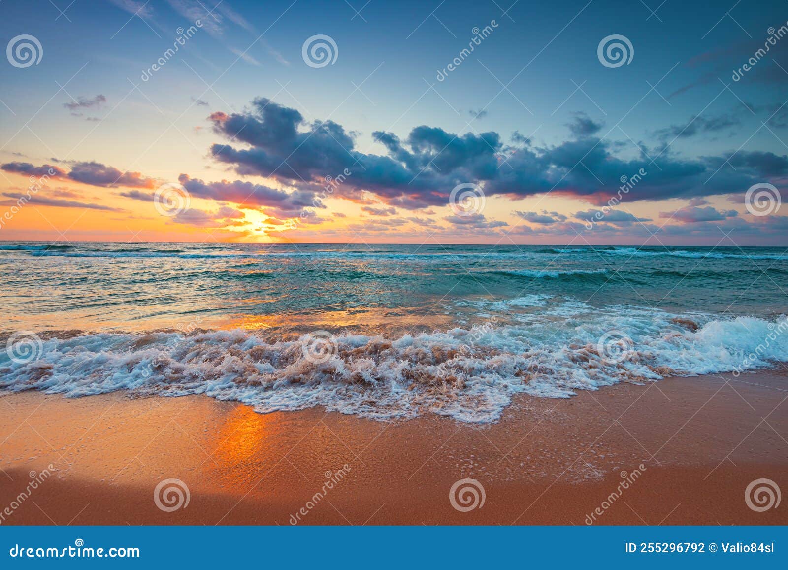 Beautiful Sunrise Over the Sea and Beach. Summer Morning and Ocean Waves. Stock Photo - Image of ...