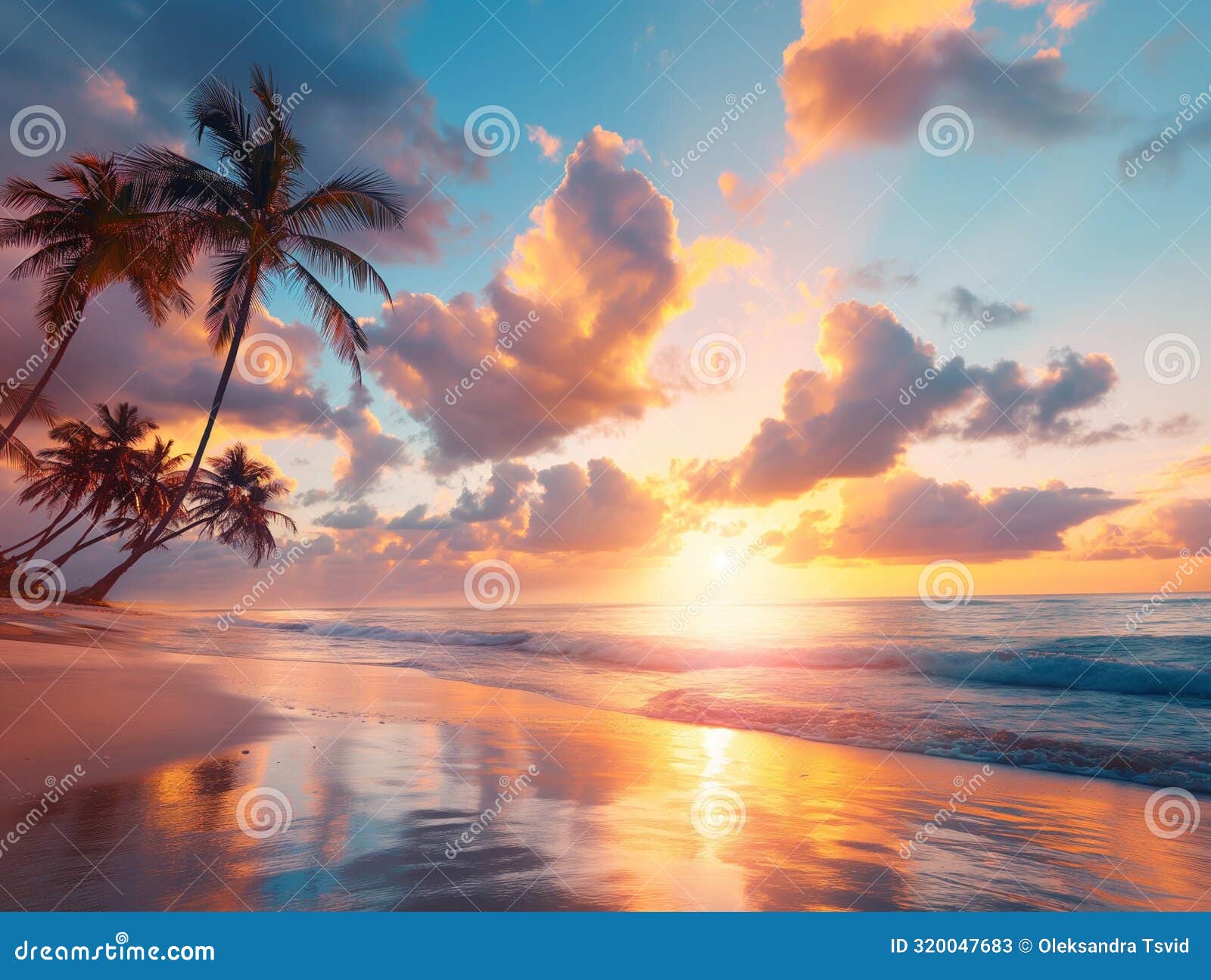 Beautiful Sunrise Over the Tropical Beach, Beach with Palm Trees Stock ...