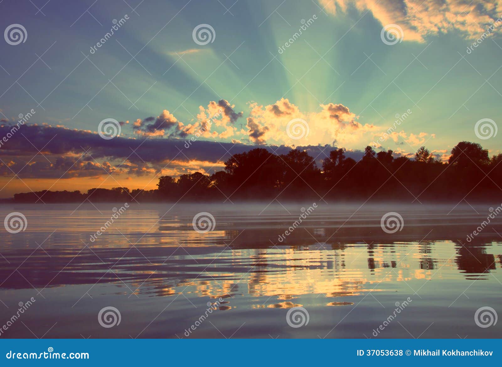 Beautiful Sunrise on River - Vintage Retro Style Stock Photo - Image of ...