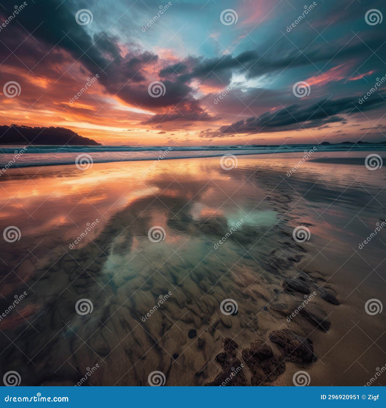 Beautiful Sunset on a Beach with Reflections in the Sand Stock ...