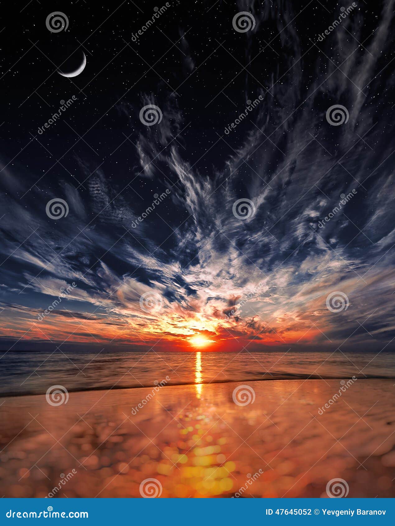 Beautiful Sunset on the Beach, Stars and Moon on the Sky Stock Photo ...