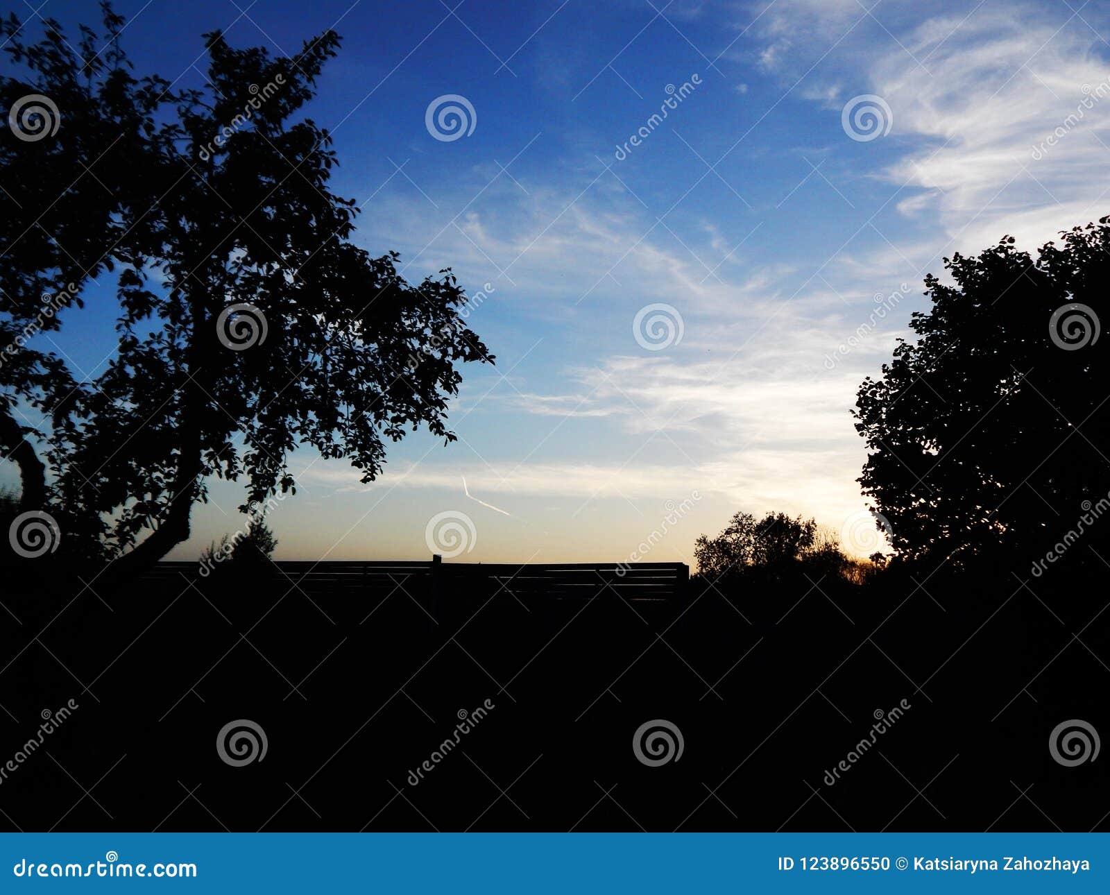 Beautiful Sunset with Blue Sky and Trees Stock Photo - Image of small ...