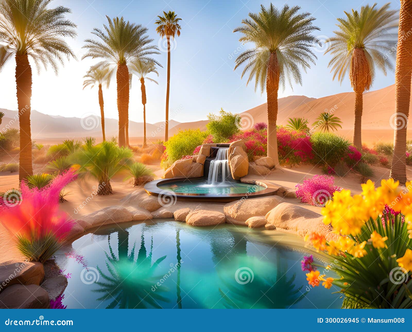 Beautiful Sunset in the Desert with Palm Trees and Mountains Stock ...