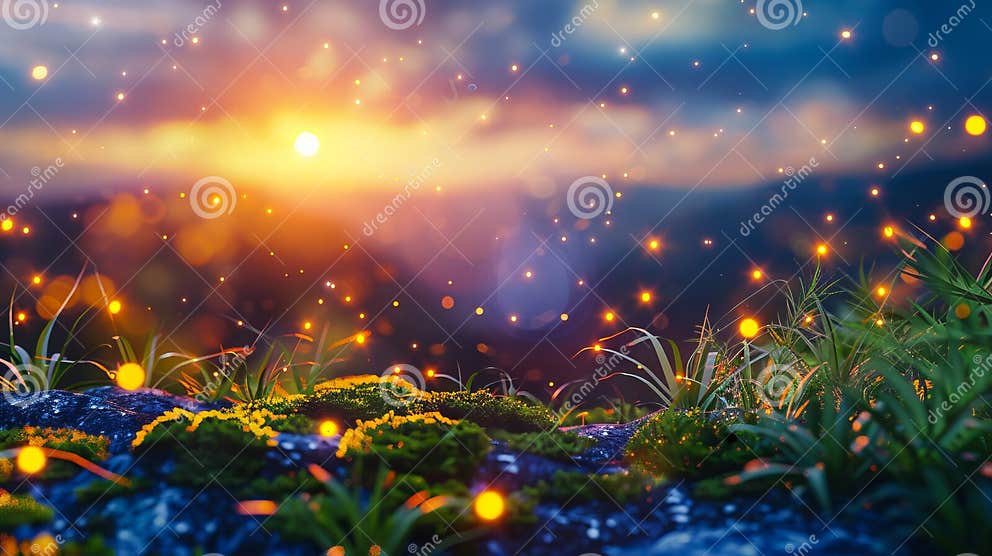 A Beautiful Sunset with Fireflies and Grass Stock Photo - Image of ...