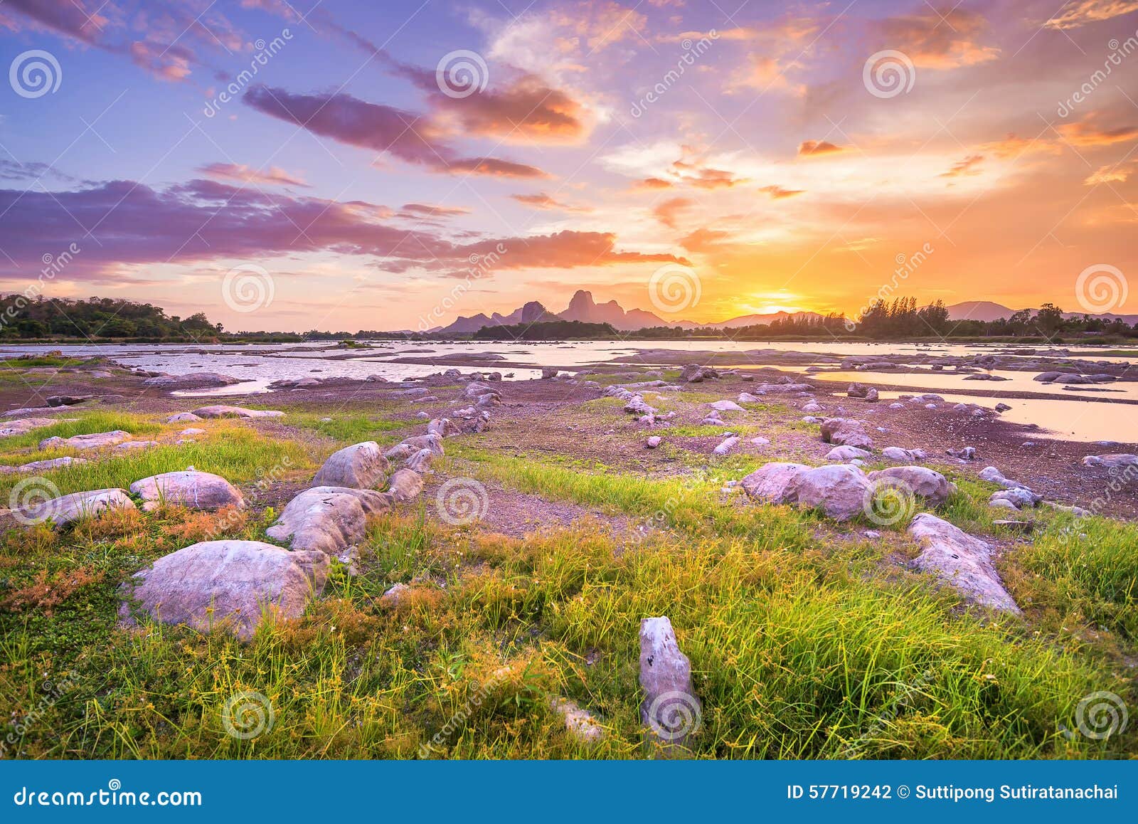 Beautiful Sunset Landscape with Mountain and Rock Stock Photo - Image ...