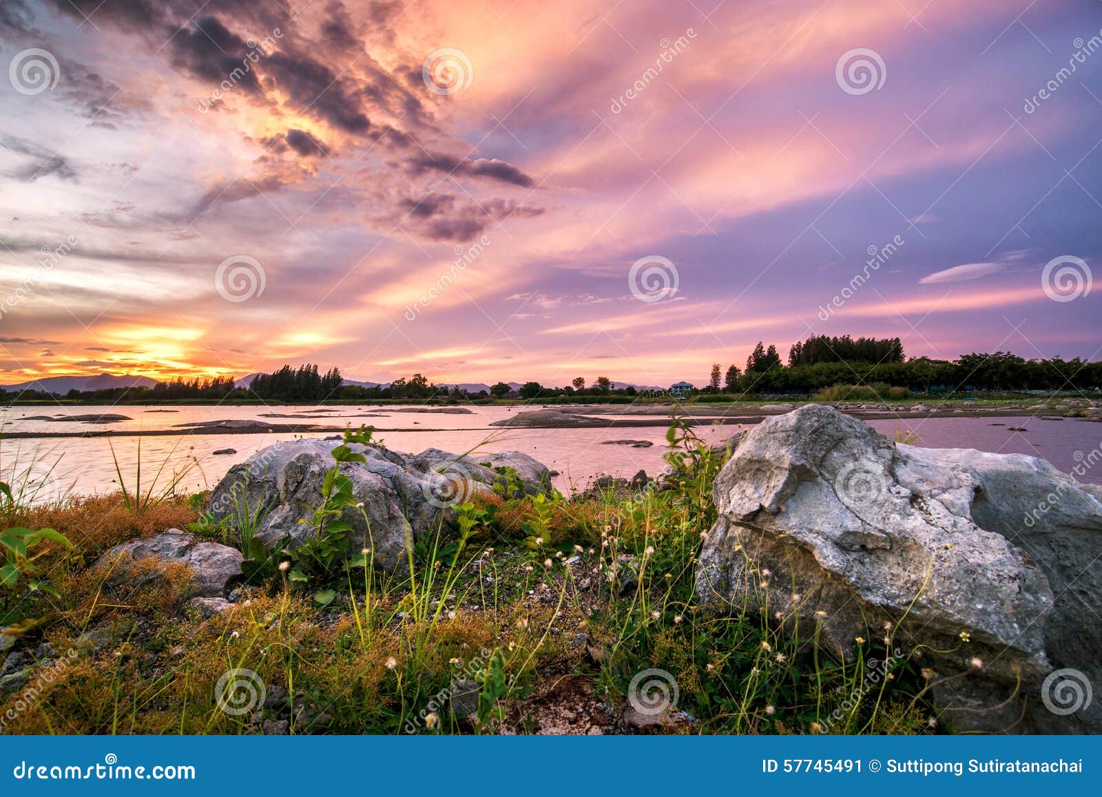 Beautiful Sunset Landscape with Mountain and Rock Stock Image - Image ...