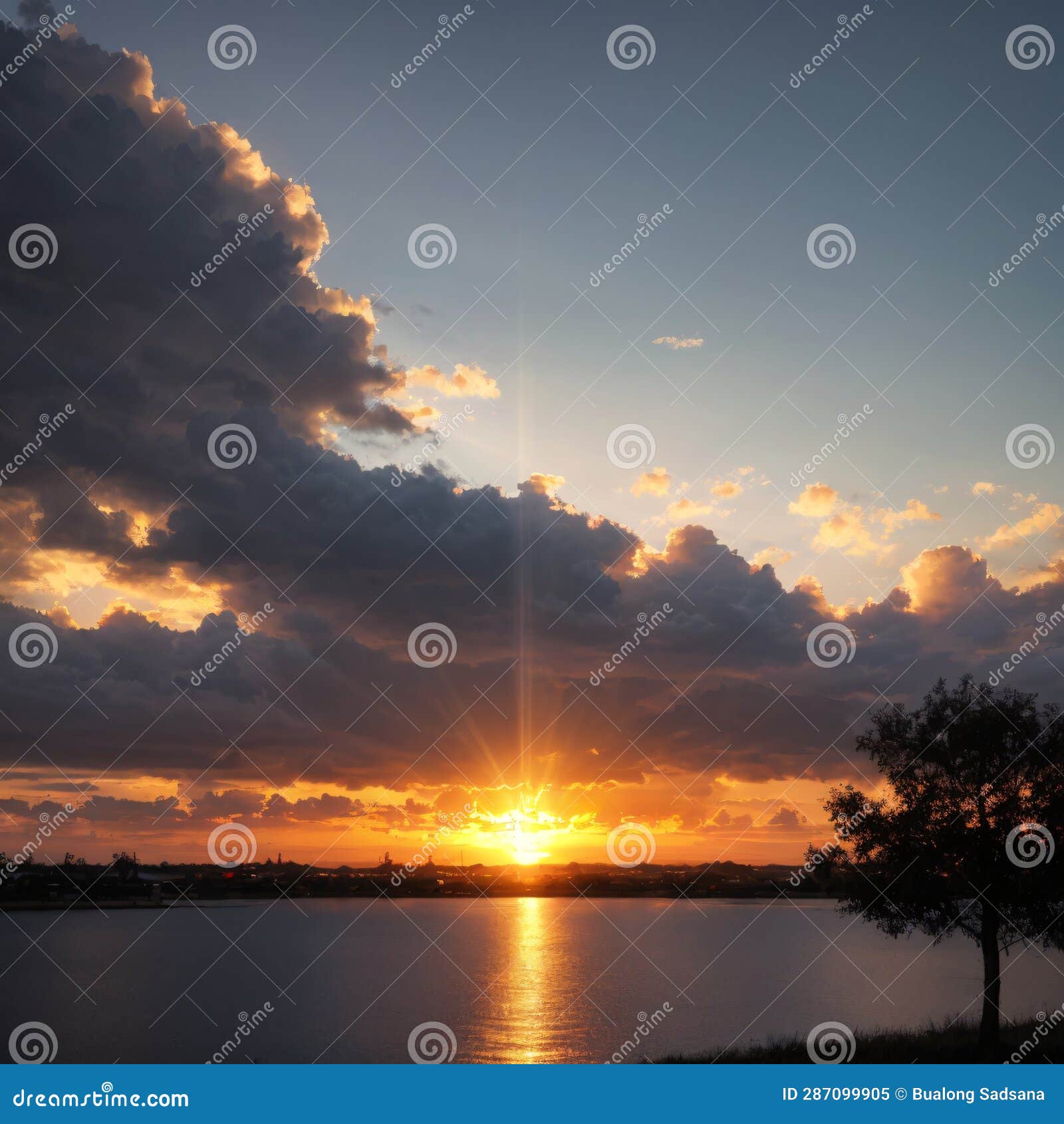 A Beautiful Sunset Light Rays Clouds Background. Stock Illustration ...