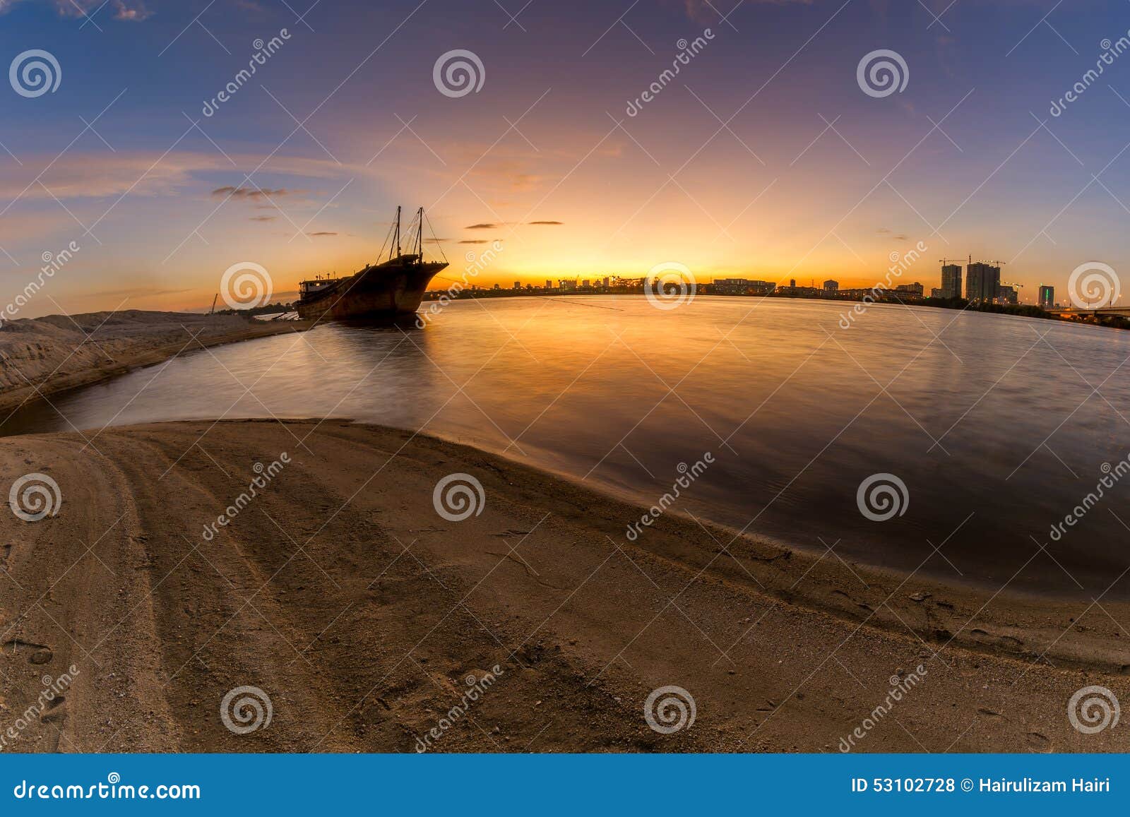Beautiful Sunset Over the Beach with Stranded Ship Stock Photo - Image ...