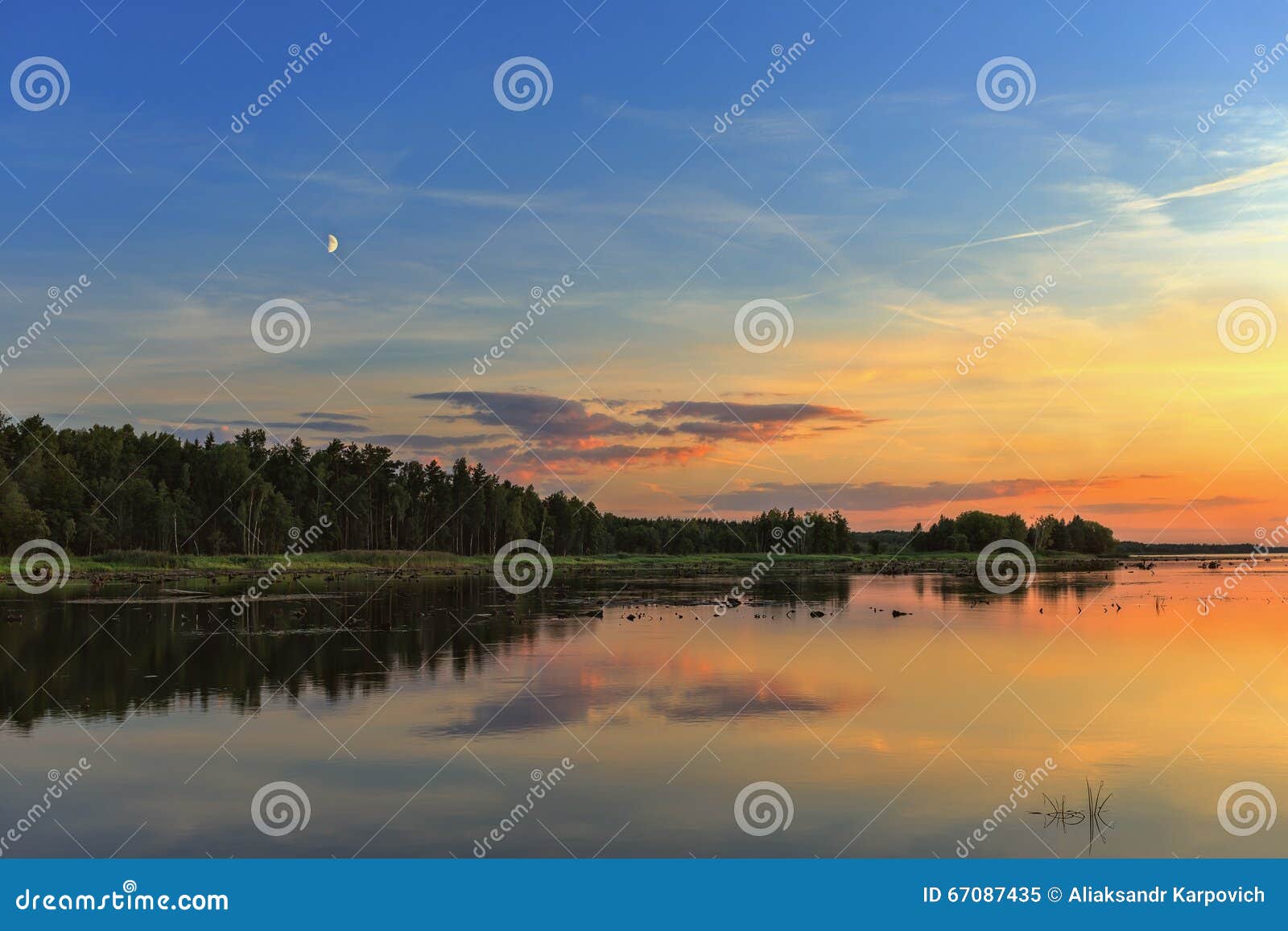 Beautiful Sunset Over the Forest and Lake Stock Image - Image of cloud ...