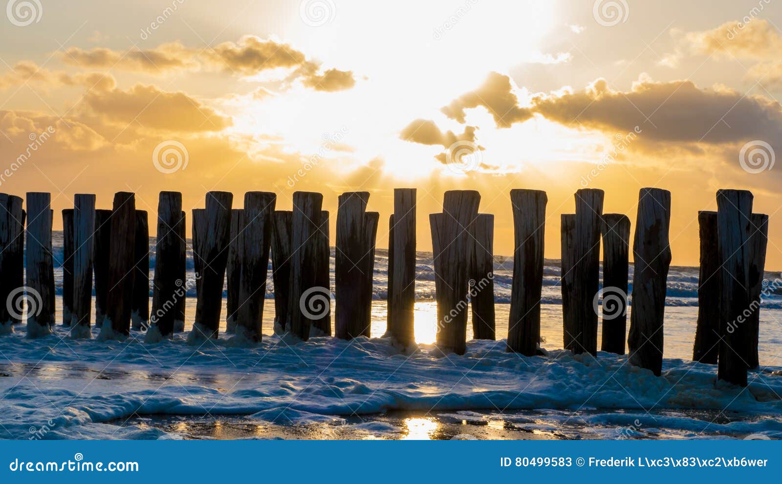 Beautiful Sunset Over Groynes in Zeeland Stock Image - Image of blue ...