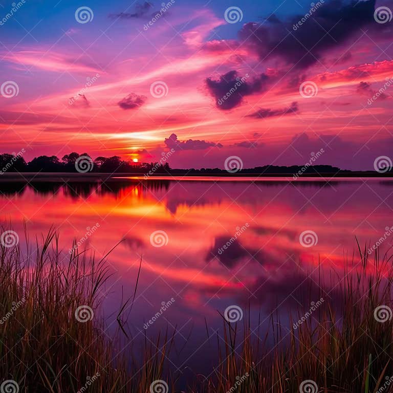 Beautiful Sunset Over the Lake with Reflection of Clouds and Sky Stock ...