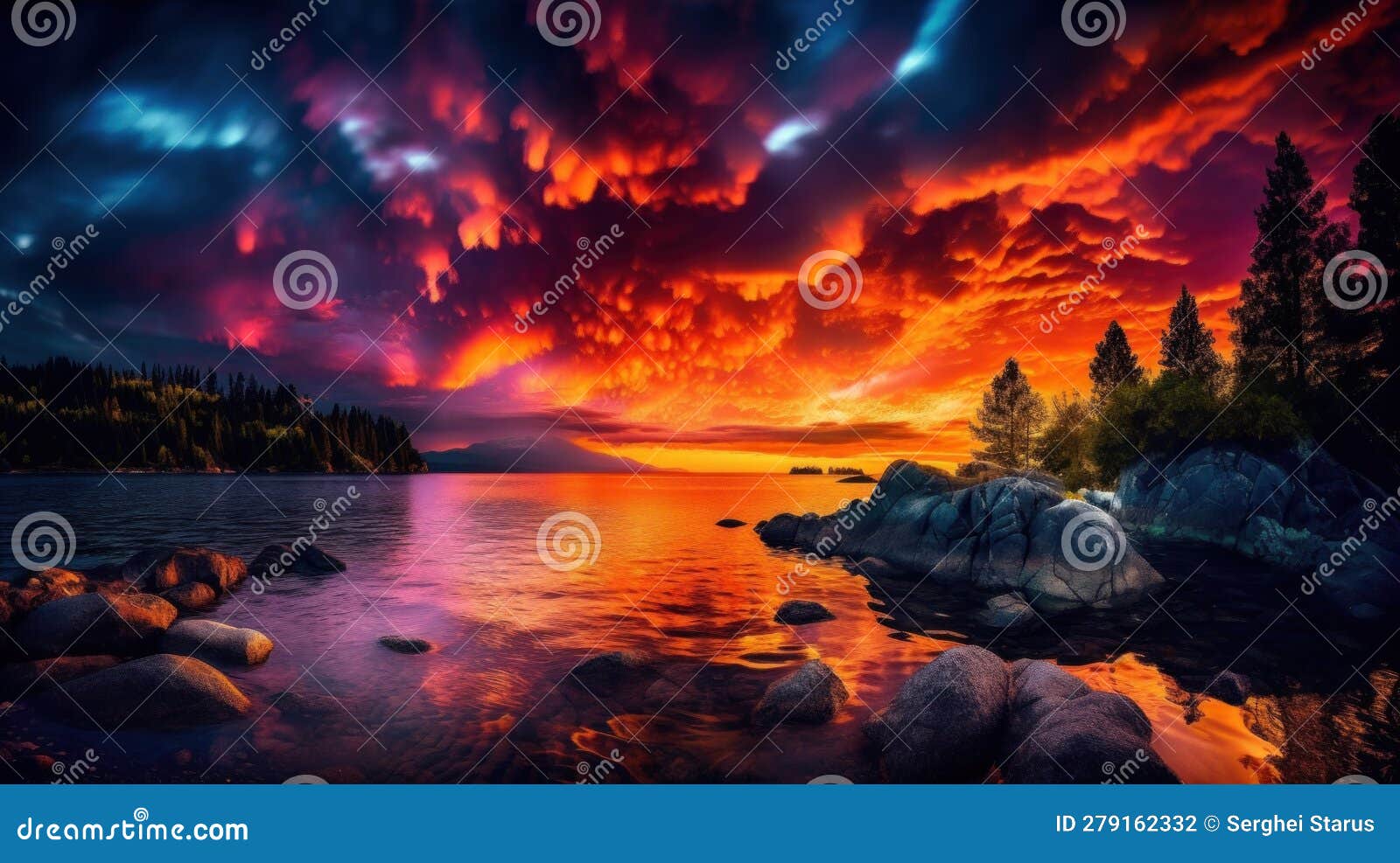 A Beautiful Sunset Over a Lake with Rocks and Trees. Generative AI ...
