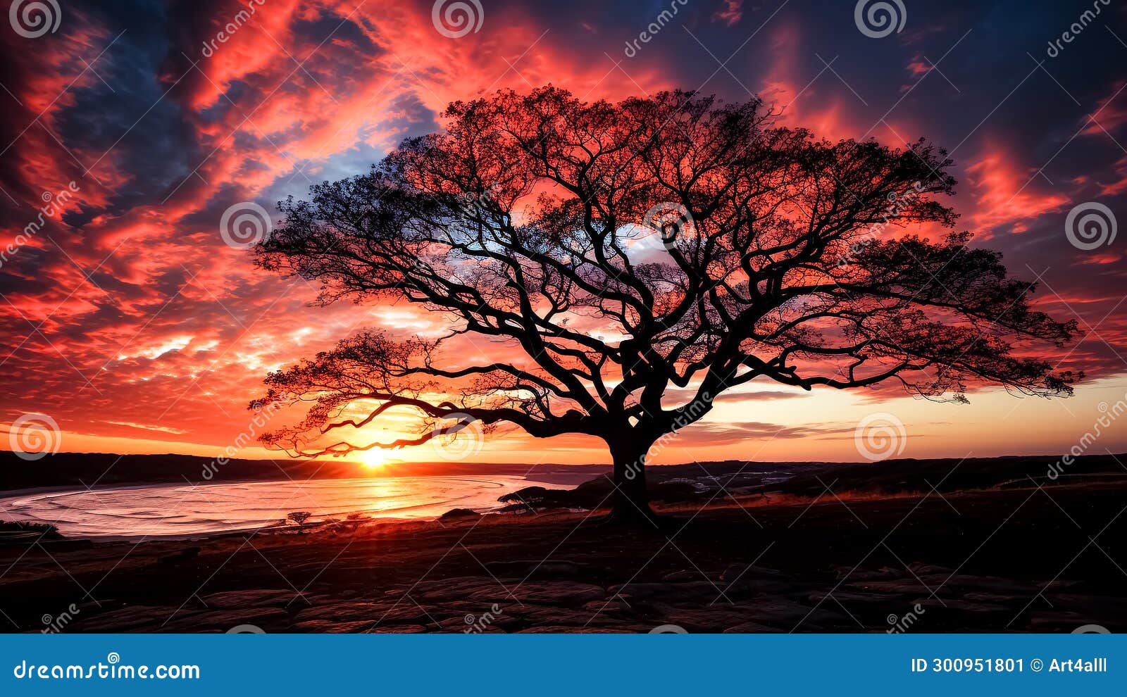 Beautiful Sunset Over the Lake with a Tree Silhouette in the Foreground ...