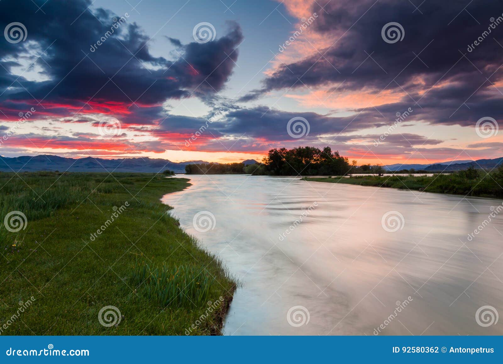 Beautiful Sunset Over the Mountain River in Summer Stock Photo - Image ...
