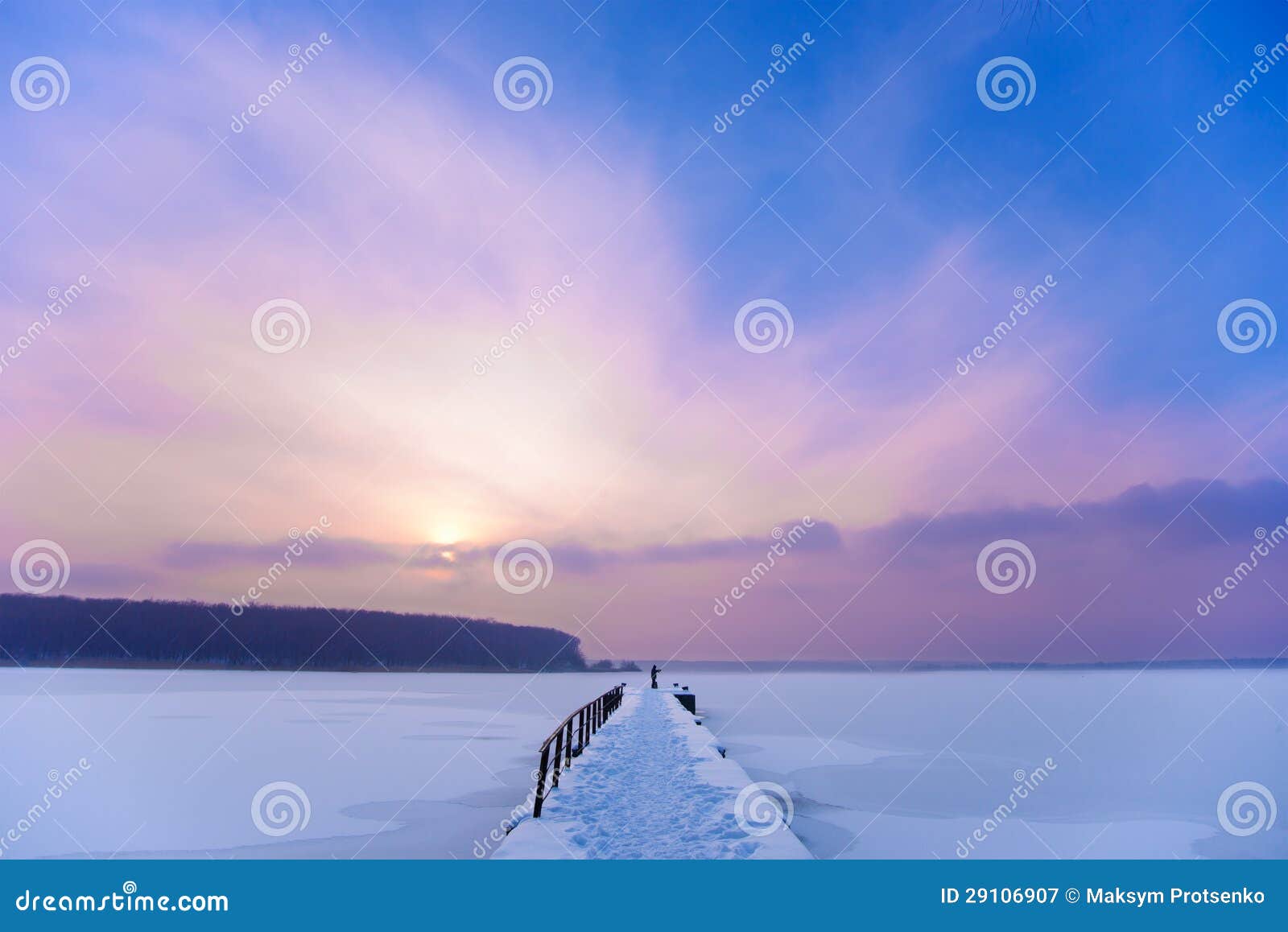Beautiful Sunset Ower Frozen River and Pier Stock Image - Image of ...