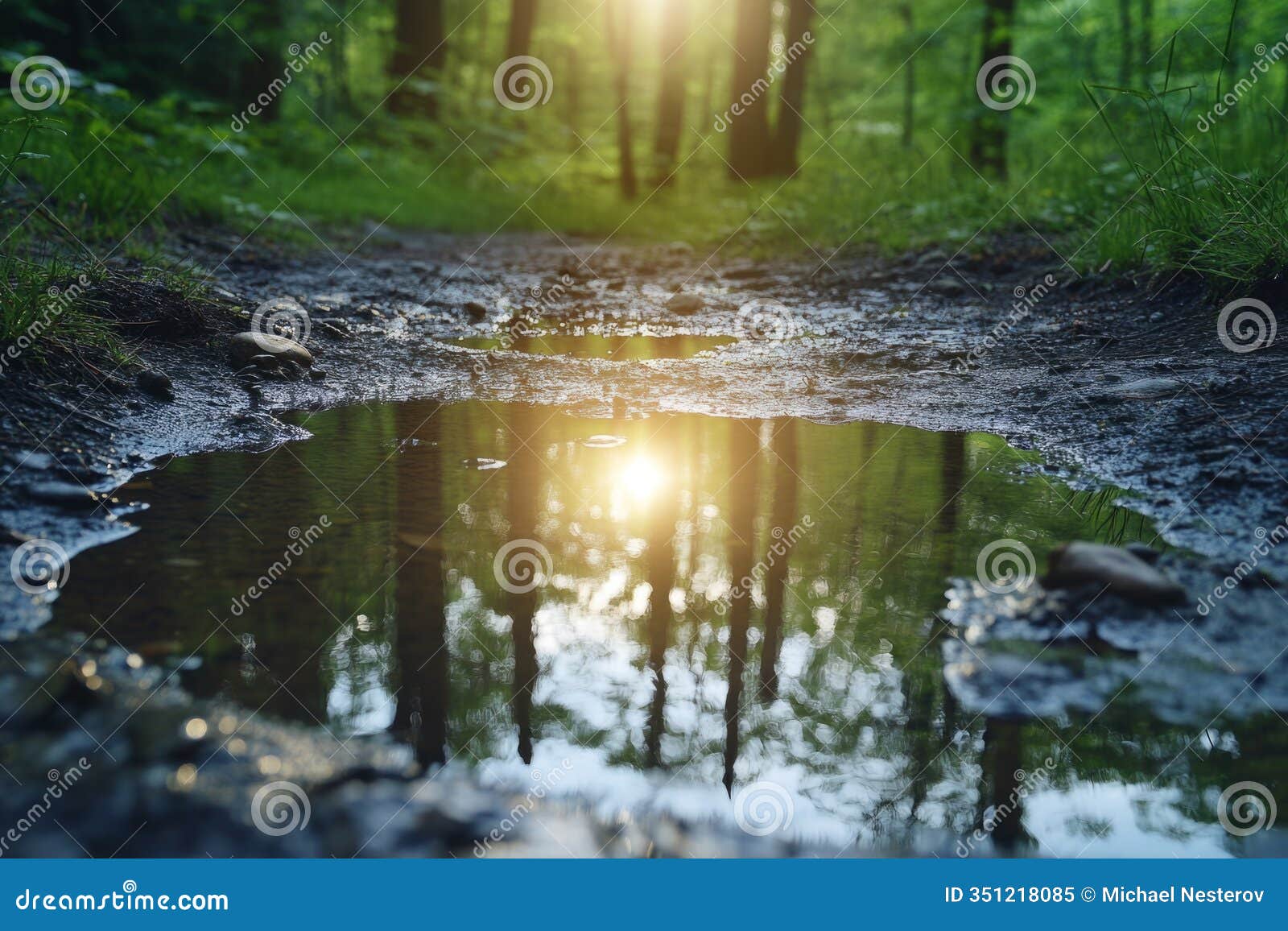 Beautiful Sunset Reflecting in Puddle on a Forest Path Stock Image ...