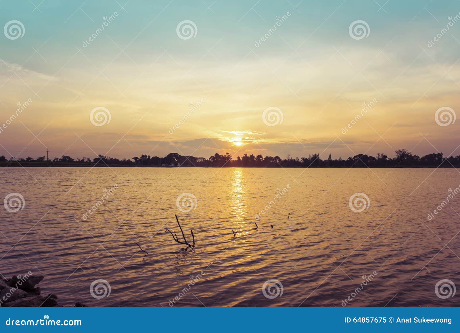 Beautiful sunset on river stock image. Image of orange - 64857675