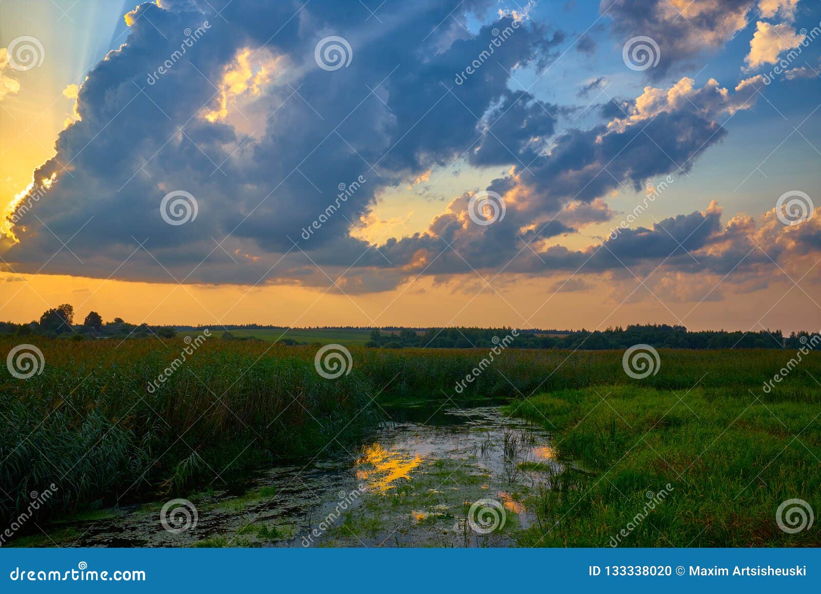 Beautiful Sunset on River Under Cloudy Sky Stock Photo - Image of ...