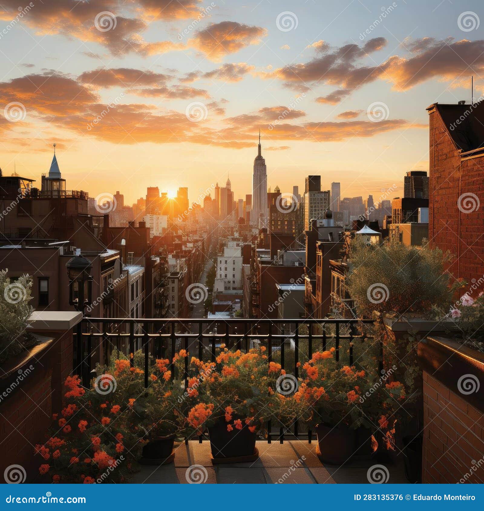 Beautiful Sunset on the Rooftop with a City Skyline Stock Illustration ...