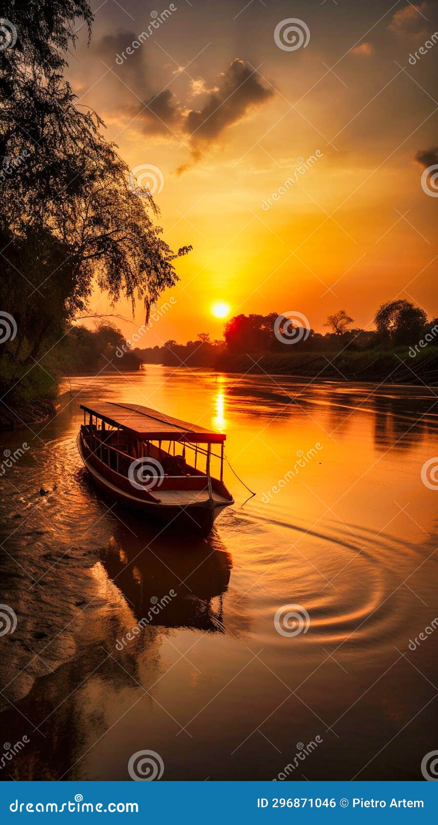 Beautiful Sunset Scenery on River a Boat Roaming, Stock Photo - Image ...