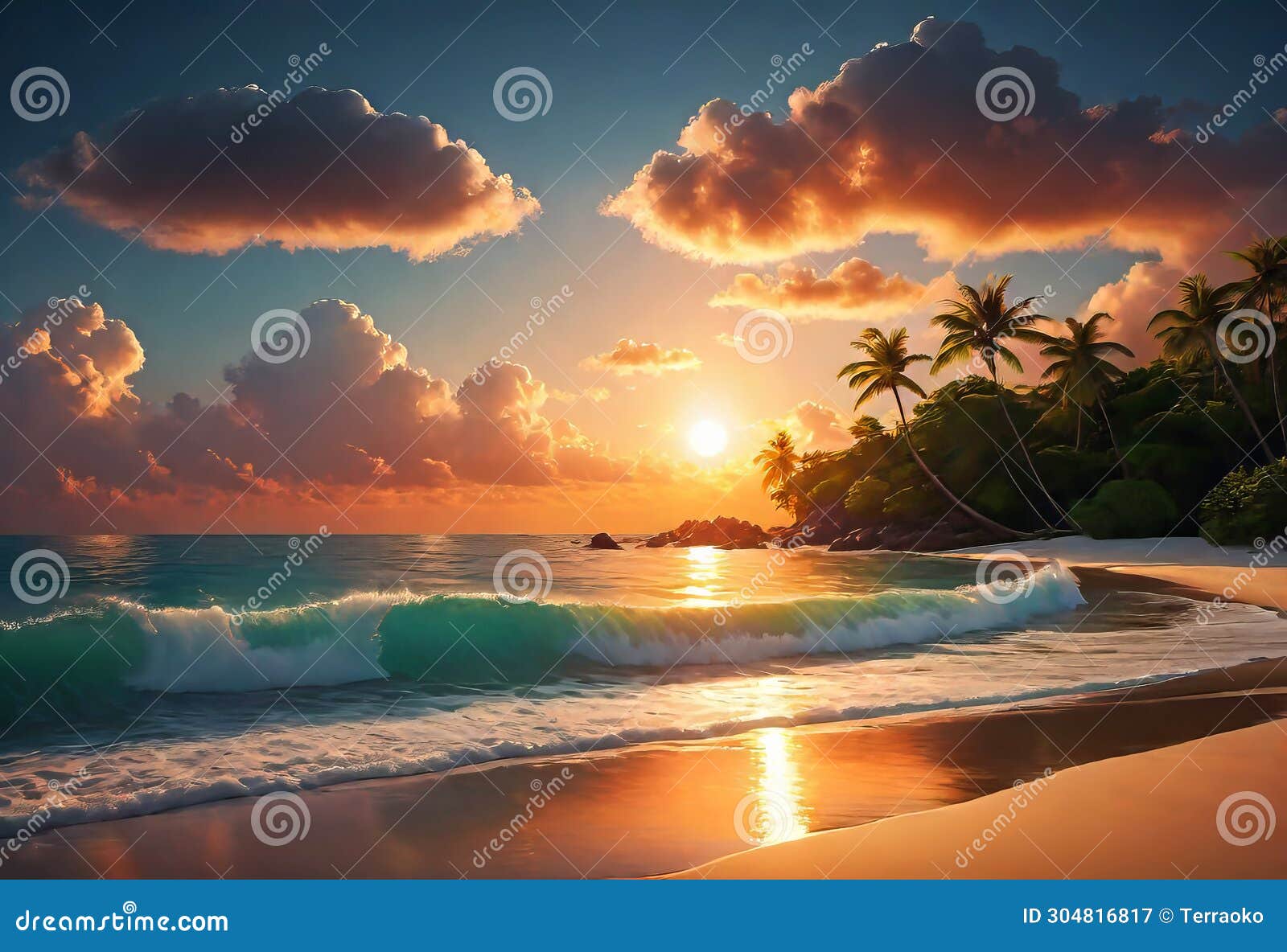Beautiful Sunset On A Tropical Beach With Clouds Concept Of Beach