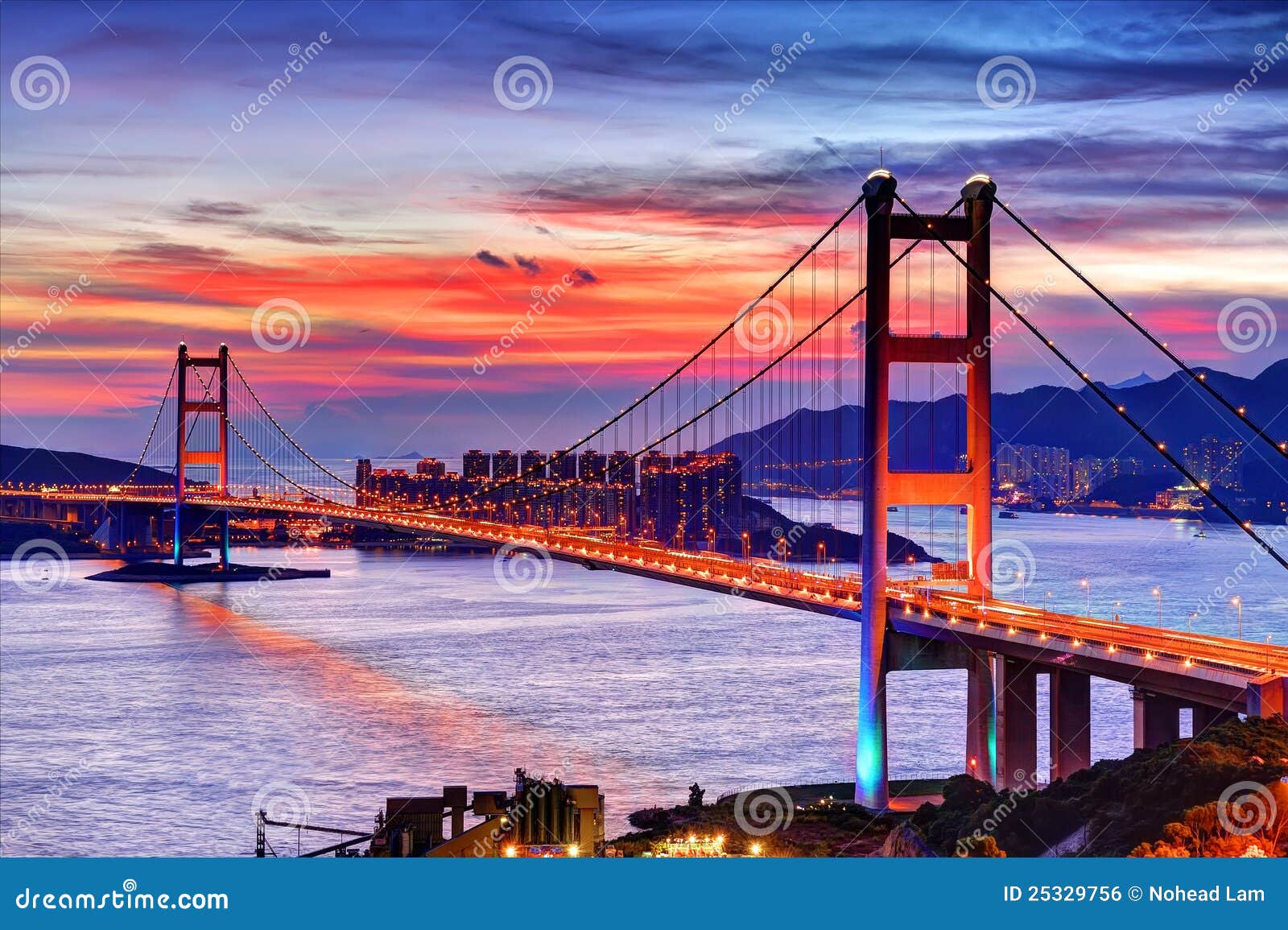 Beautiful Sunset with Tsing Ma Bridge Stock Photo - Image of housing ...