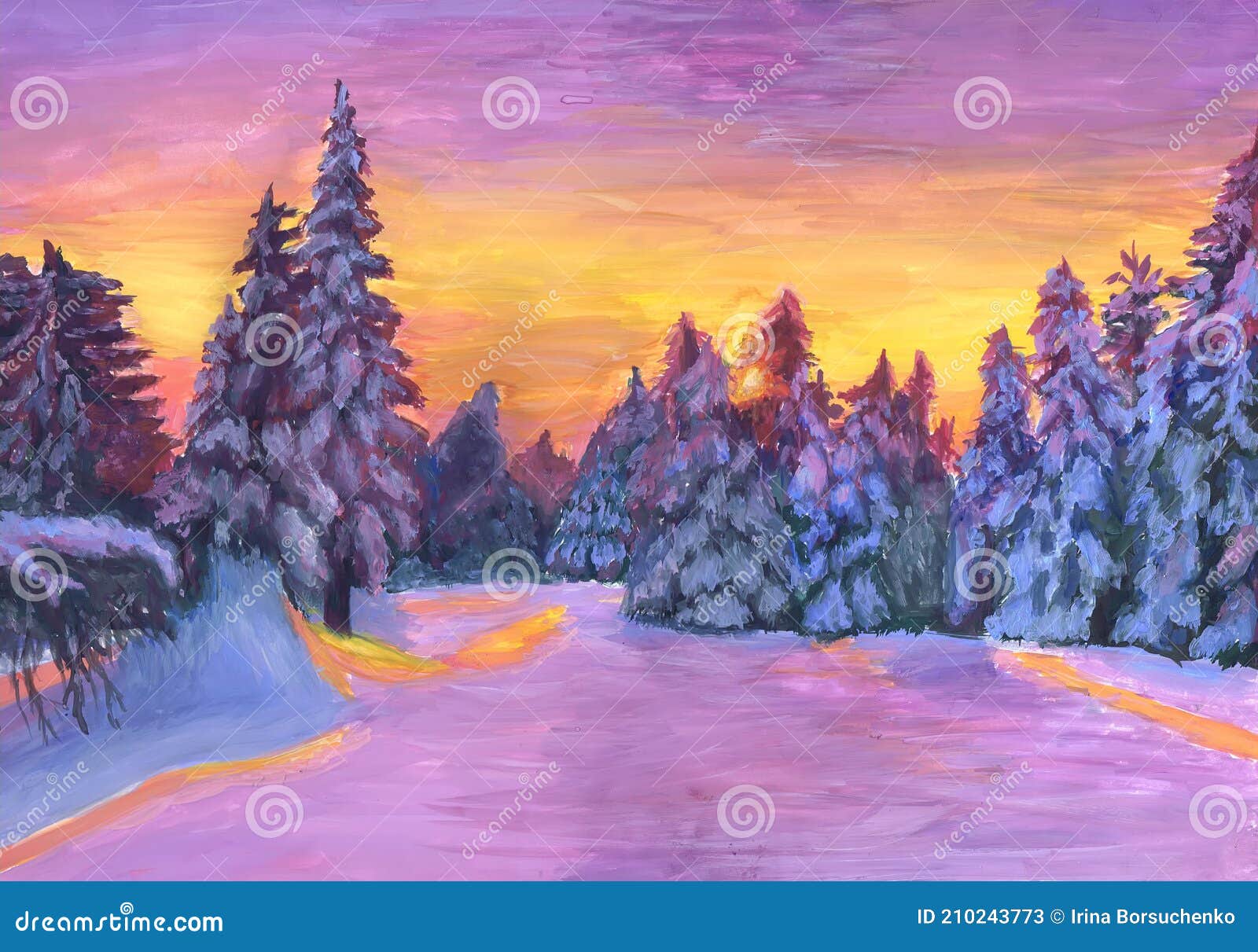 Beautiful Sunset in the Winter Forest. Children`s Drawing Stock ...