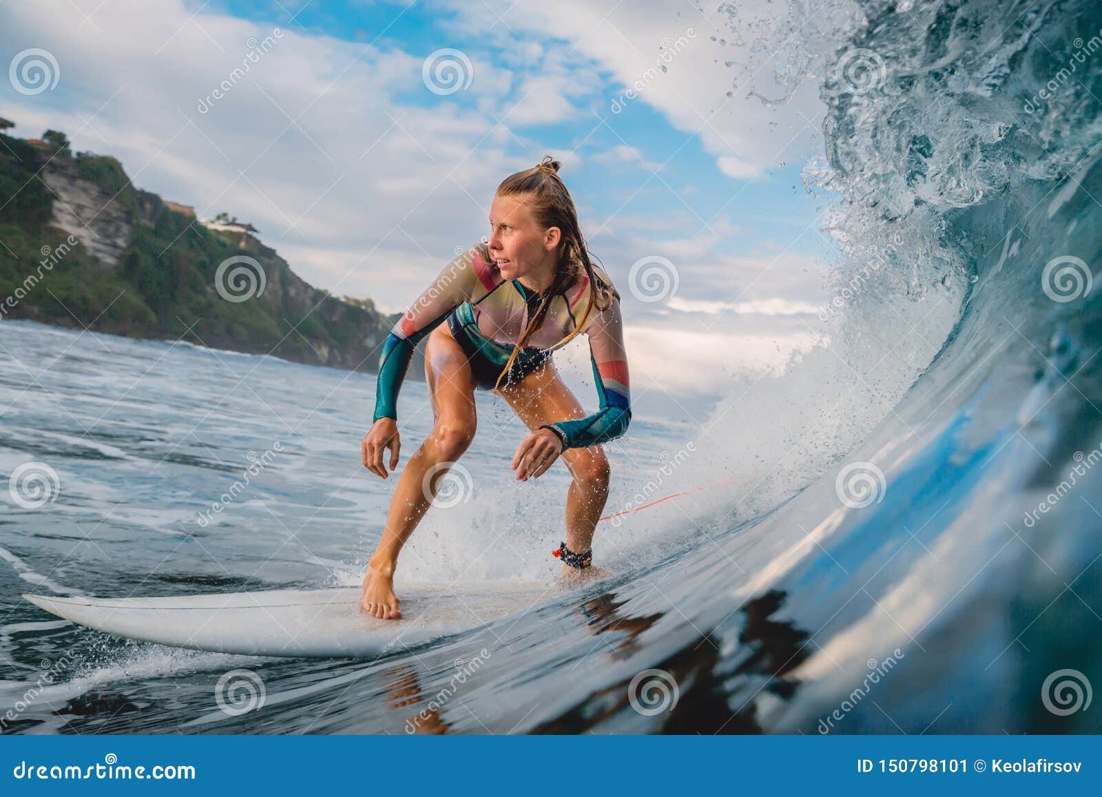 Beautiful Surfer Girl On Surfboard Woman In Ocean During Surfing