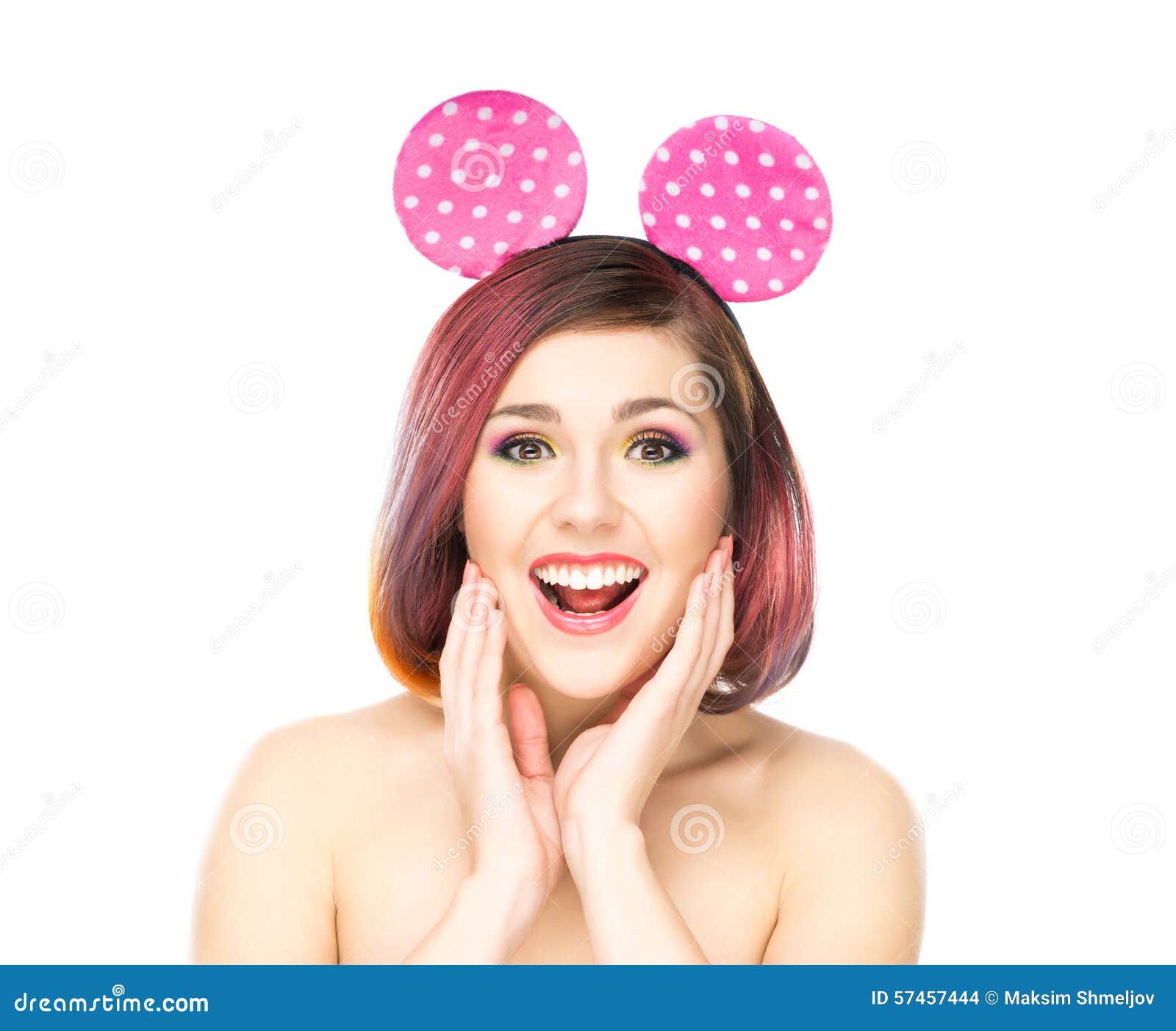Beautiful Surprised Woman in Mickey Mouse Ears Stock Photo - Image of ...
