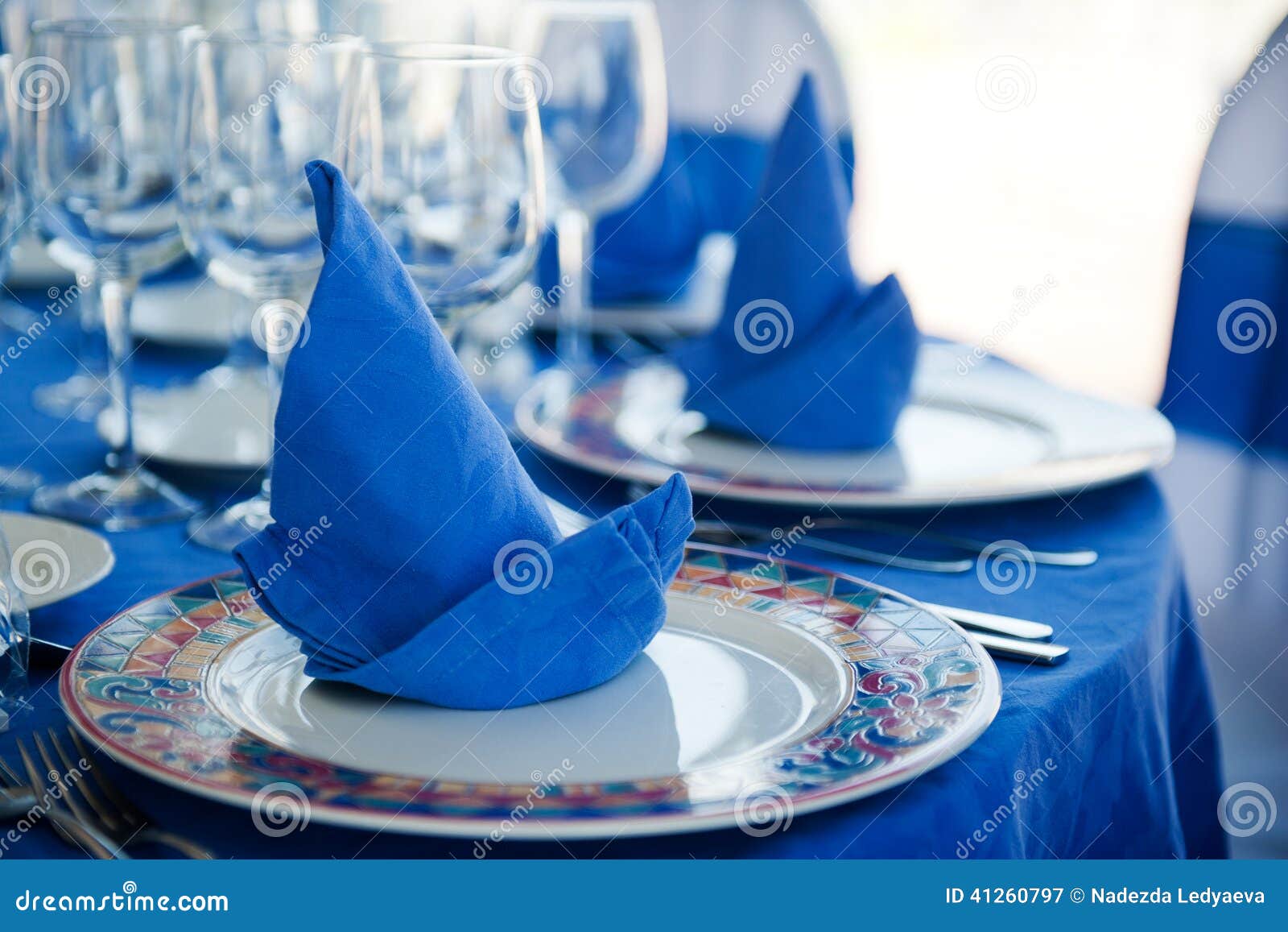 Beautiful Table with Blue Napkins Stock Image - Image of banquet ...