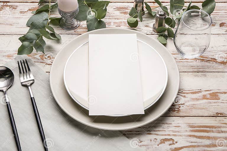 Beautiful Table Setting with Empty Menu on White Wooden Background ...