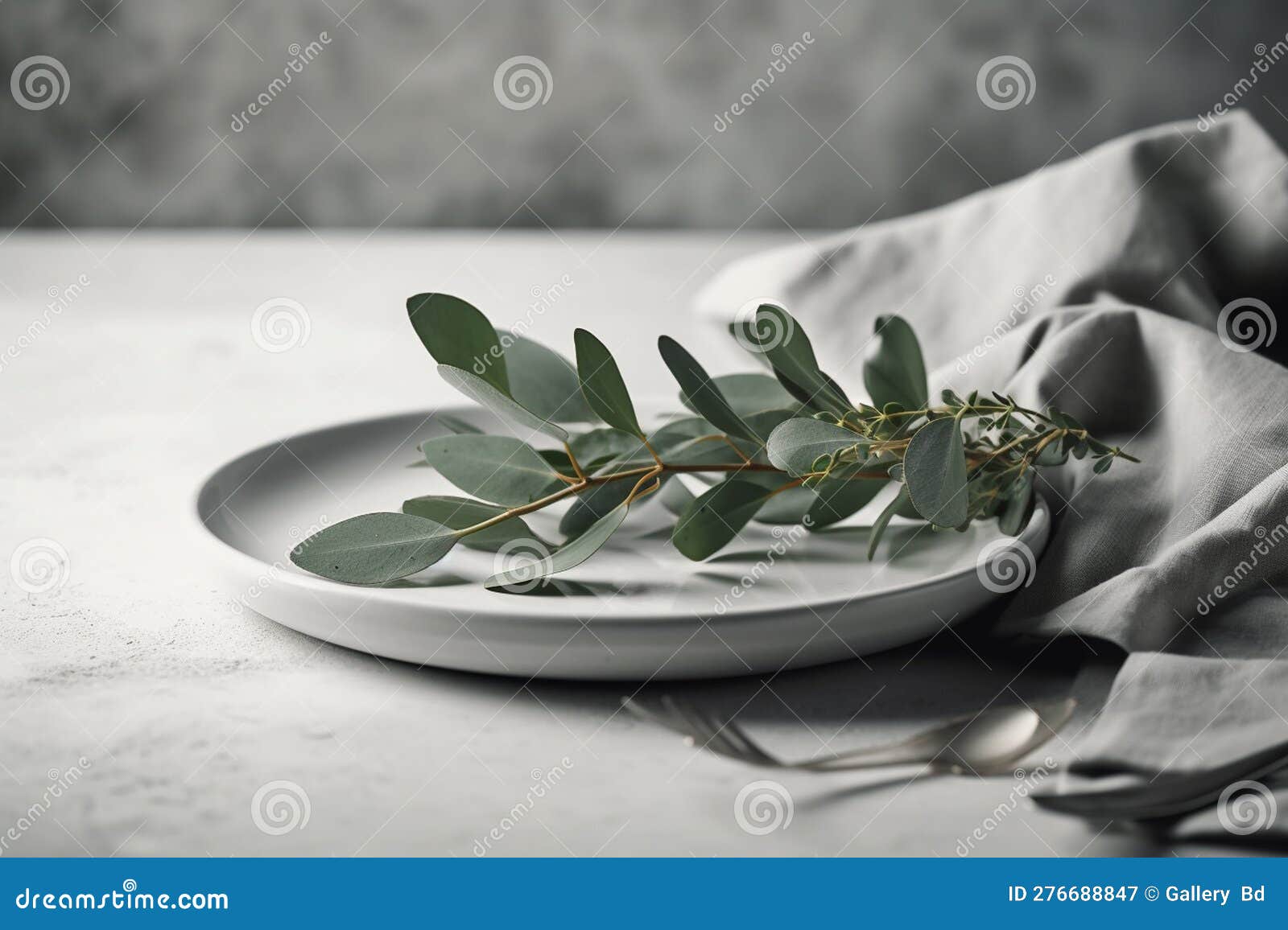 Beautiful Table Setting with Eucalyptus Branch on Light Background ...
